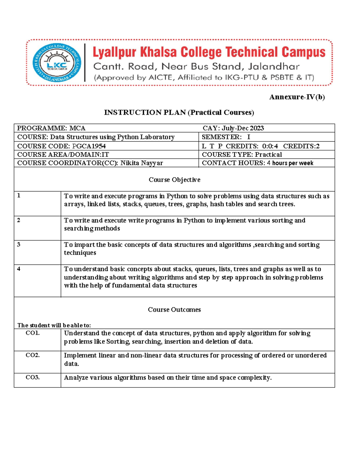 IP PGCA 1954 DS using Python Lab July 2022 - Annexure-IV(b) INSTRUCTION PLAN (Practical Courses ...