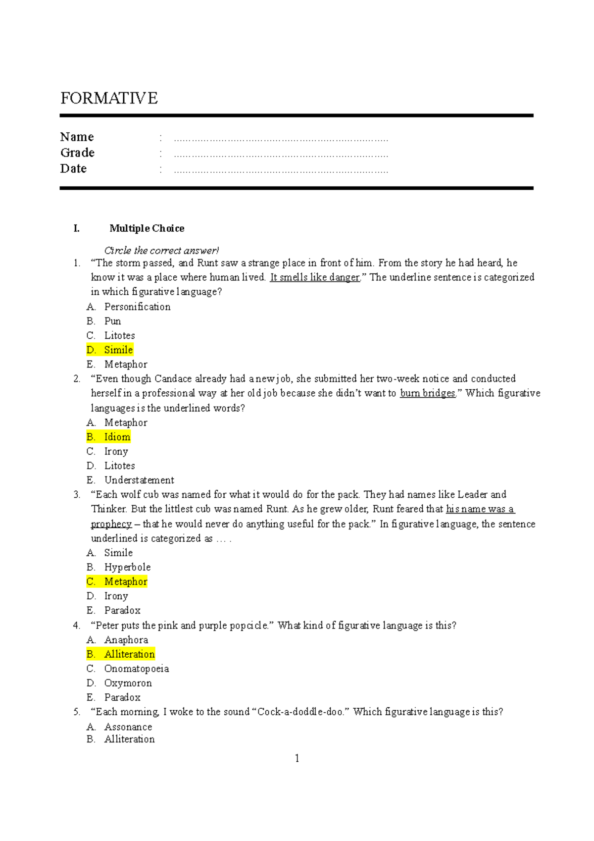 Figurative Language Exercise - FORMATIVE Name : - Studocu
