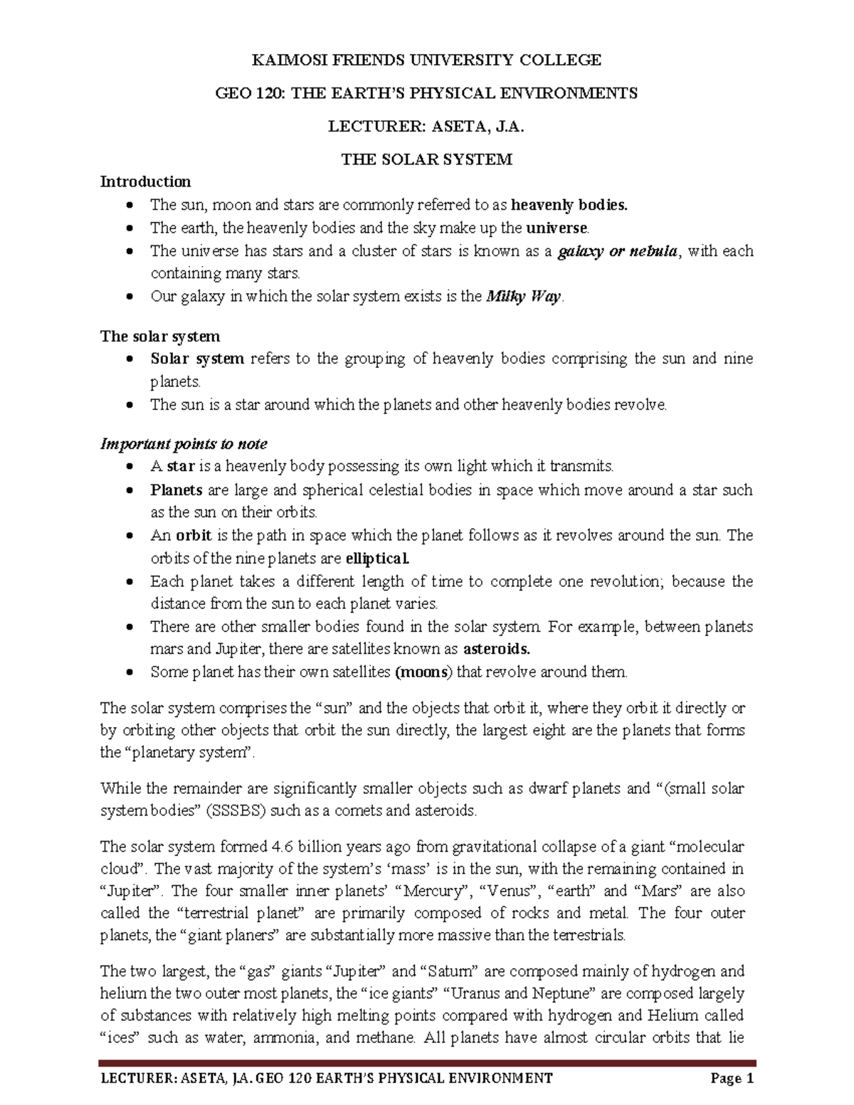 GEO 120 Notes 1 PDF Earth's Physical Environment - KAIMOSI FRIENDS ...