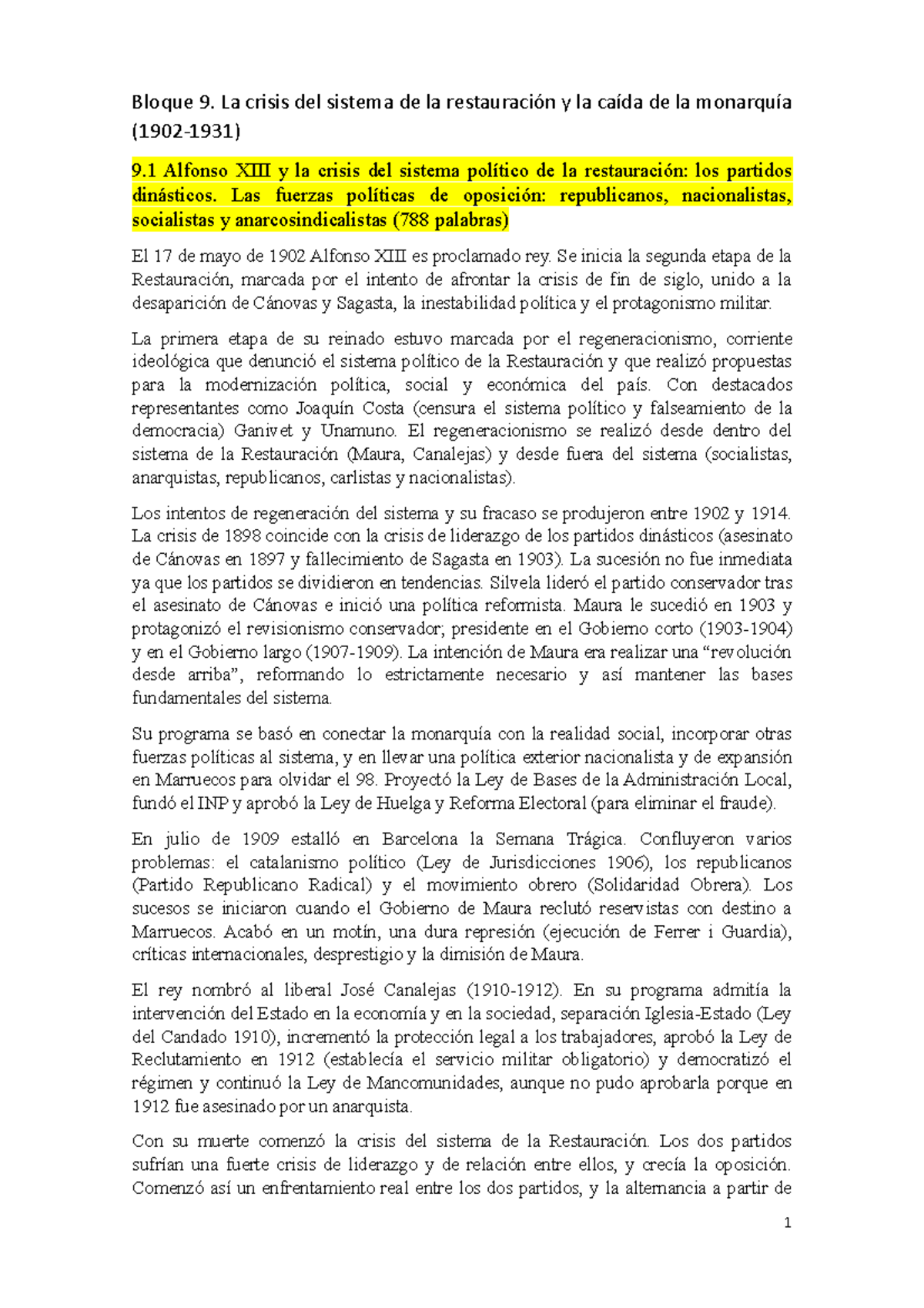 Bloque 9 y 10 Historia de España Selectividad - Bloque 9. La crisis del sistema de la ...