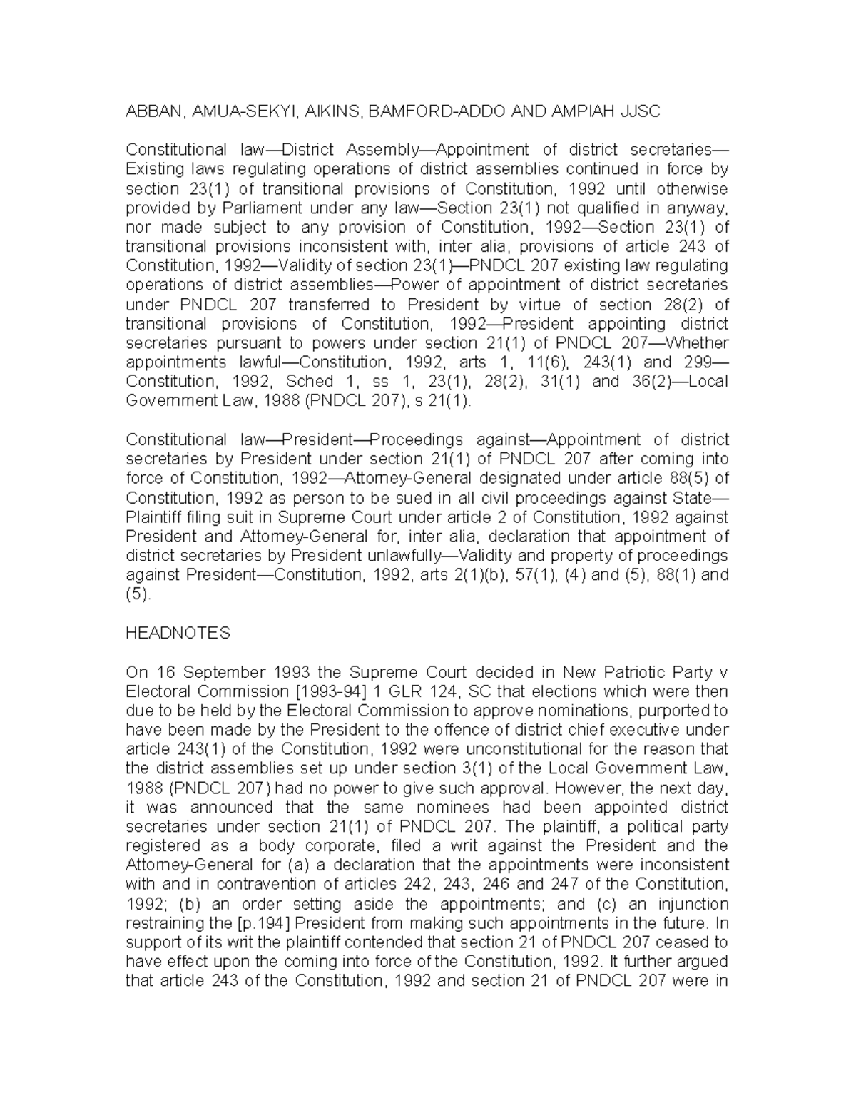 NPP v Rawlings - Case summary - ABBAN, AMUA-SEKYI, AIKINS, BAMFORD-ADDO ...