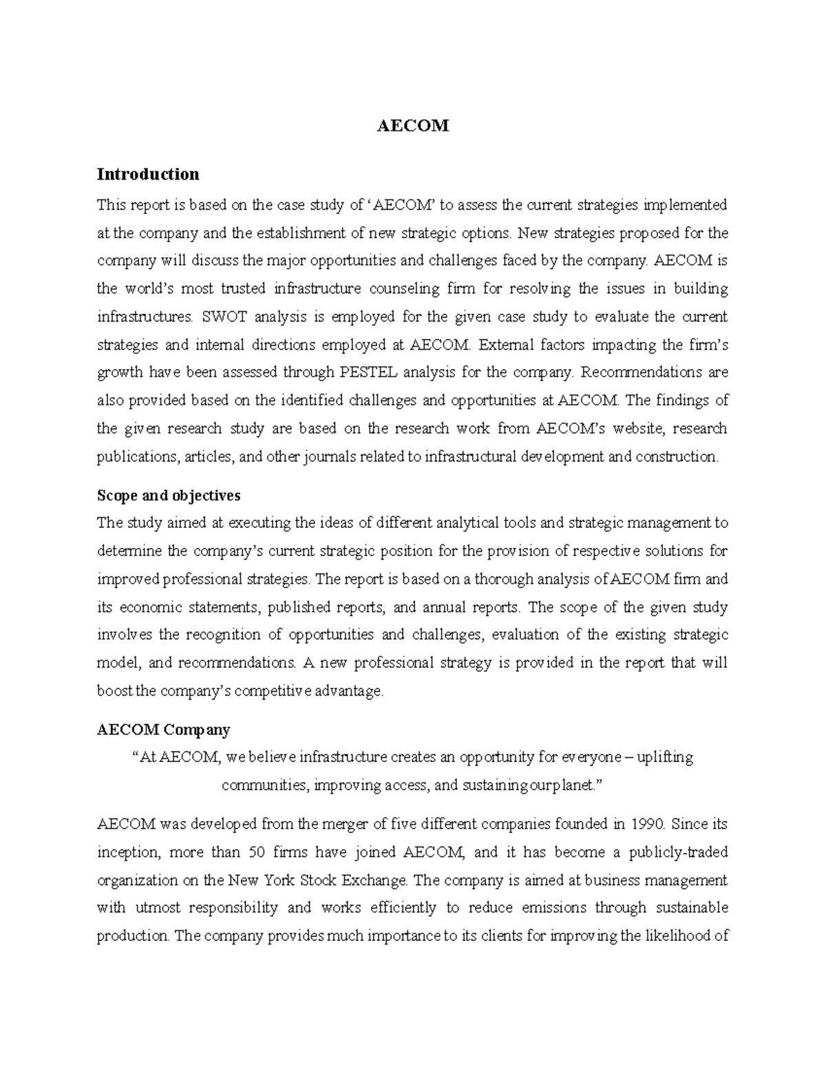 Strategic case study 2 - AECOM Introduction This report is based on the case study of ‘AECOM’ to ...