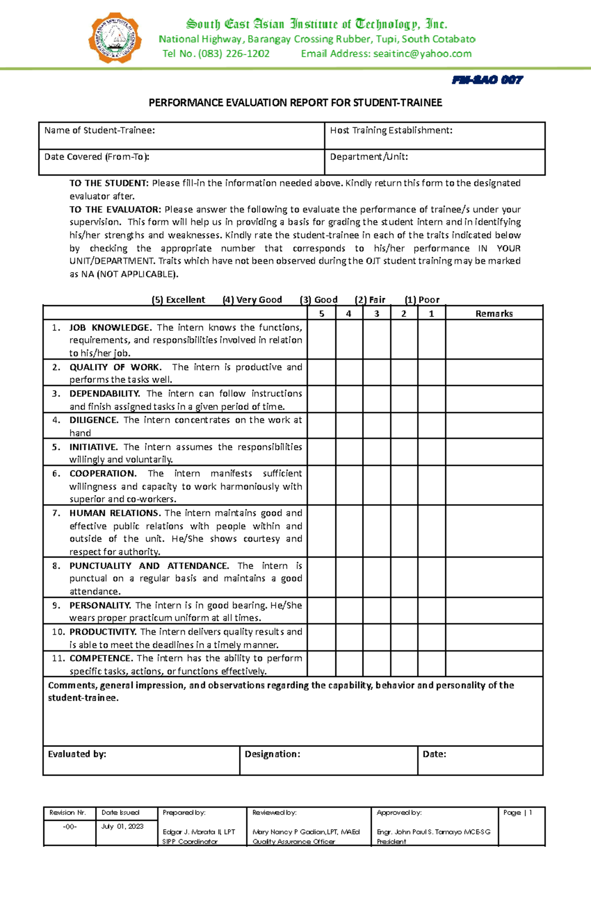 3.-Student-Evaluation-Form- General v2.0 s.8 - FM-SAO 007 PERFORMANCE ...