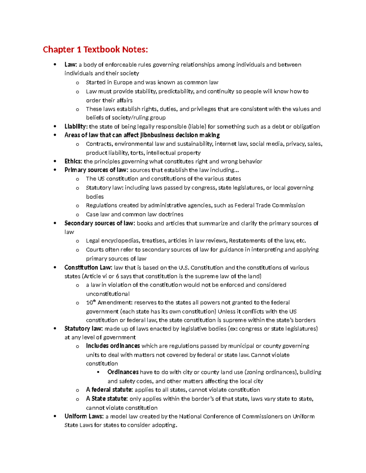 Exam 1 Textbook Notes - Chapter 1 Textbook Notes: Law: a body of ...