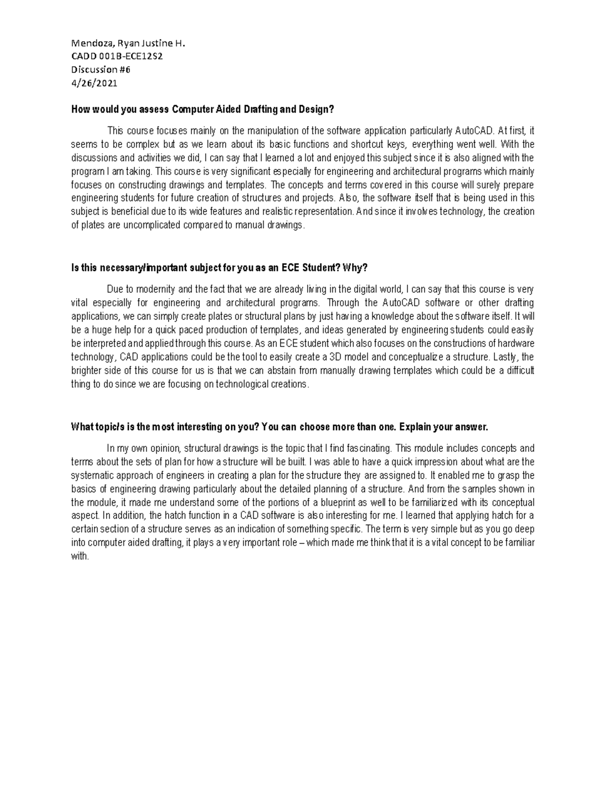 Assessment on CADD (Mendoza, Ryan) - Computer-Aided Drafting To ...