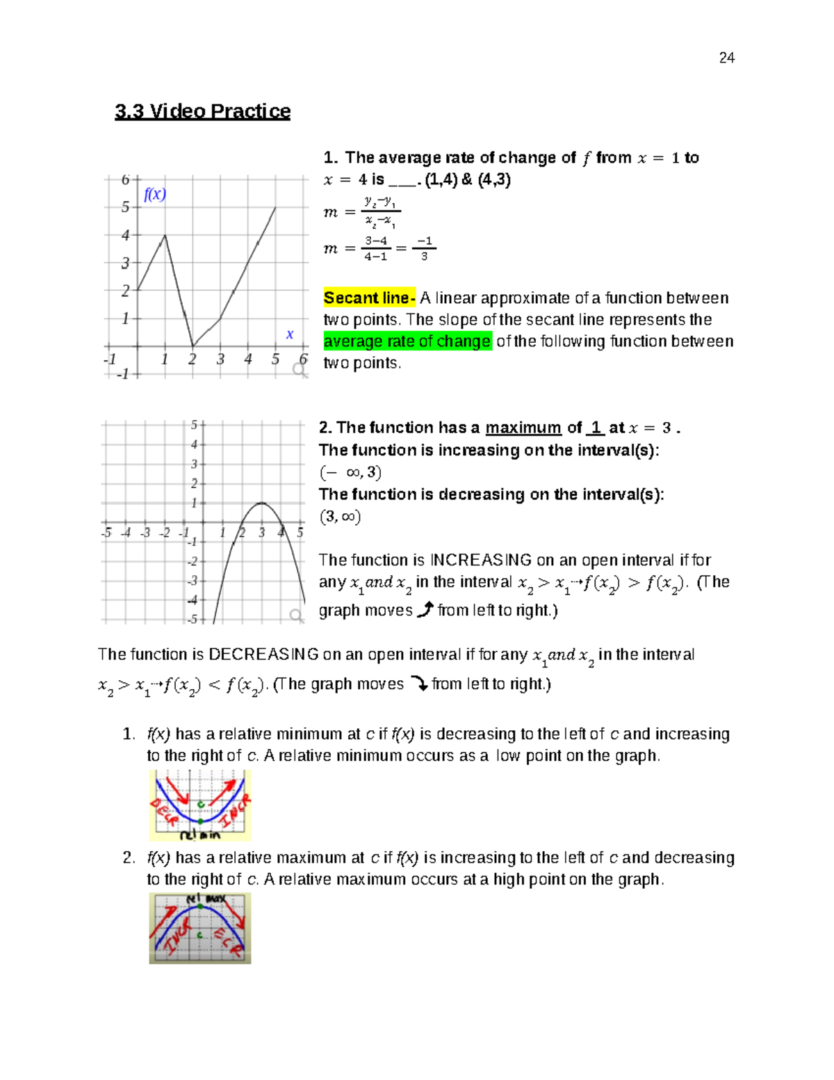 College Algebra Notes 3 - 24 3 Video Practice The average rate of ...