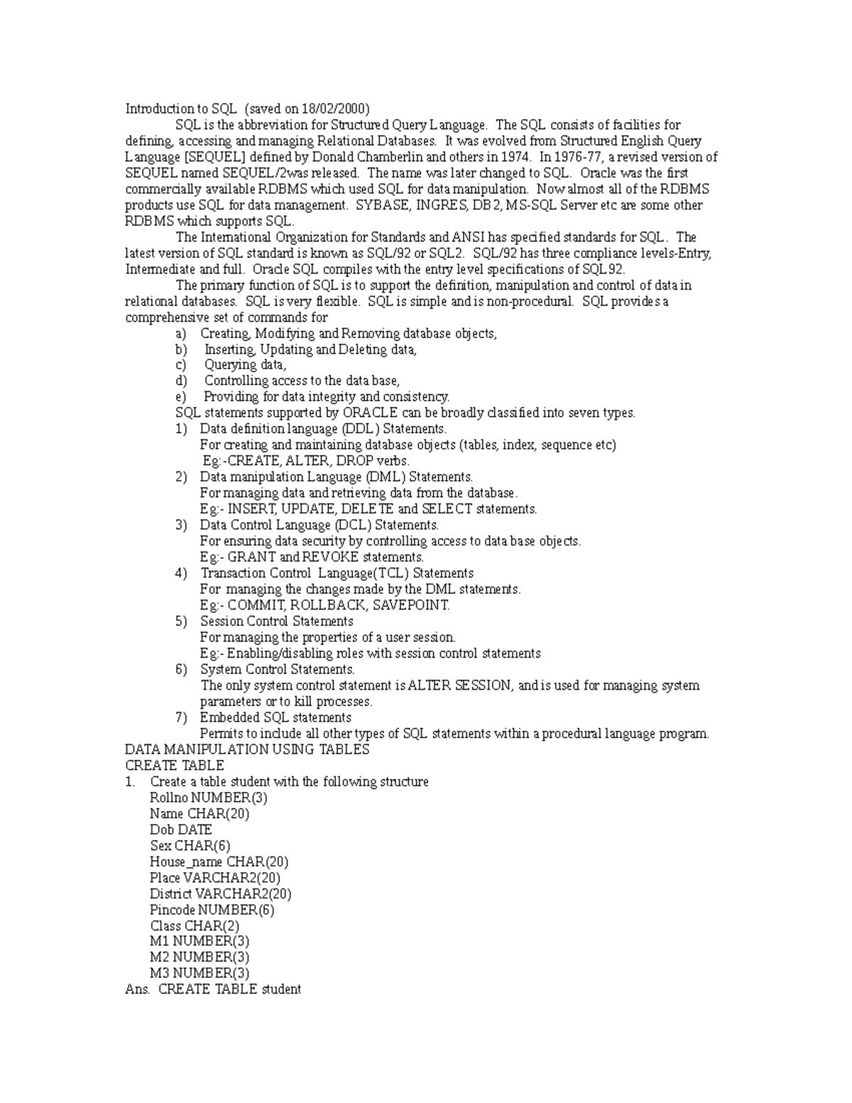 Aoracle lab recordv - Introduction to SQL (saved on 18/02/2000) SQL is ...