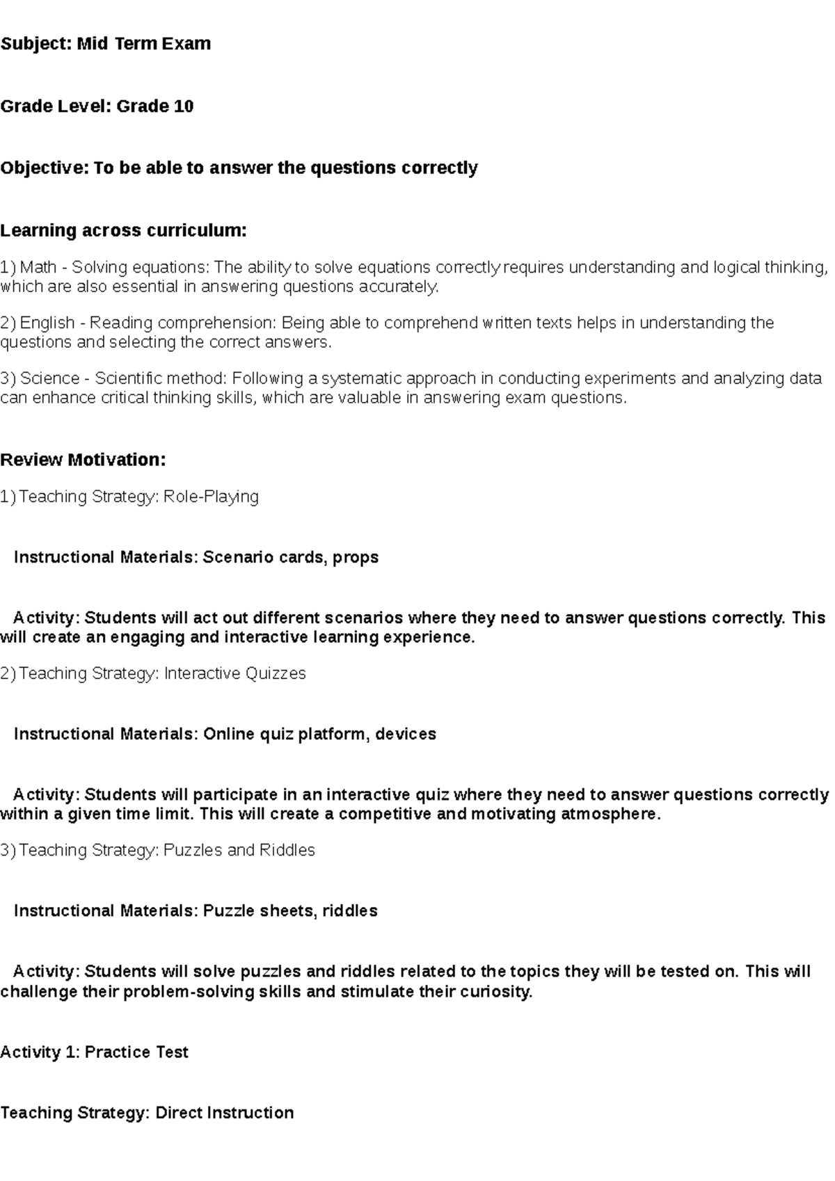 Lesson plan - Subject: Mid Term Exam Grade Level: Grade 10 Objective ...