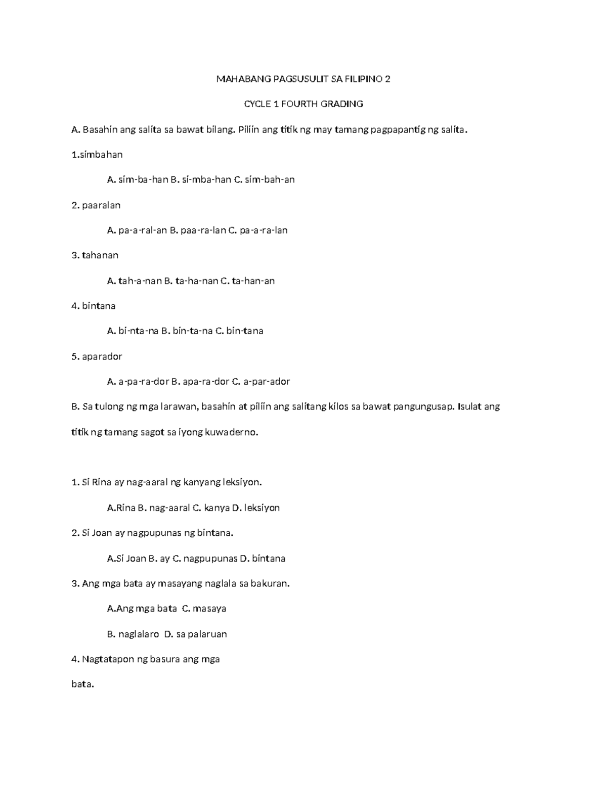 Mahabang Pagsusulit SA Filipino 2 - MAHABANG PAGSUSULIT SA FILIPINO 2 ...