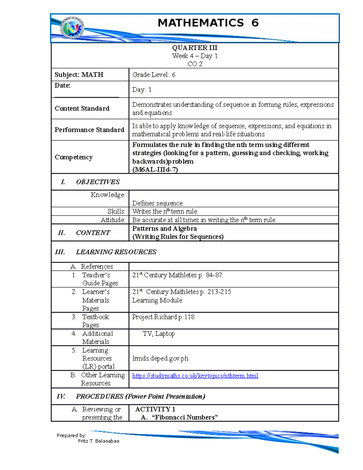 COT 2 MATH6 Q3 Week4 Day1 - QUARTER III Week 4 – Day 1 CO 2 Subject ...