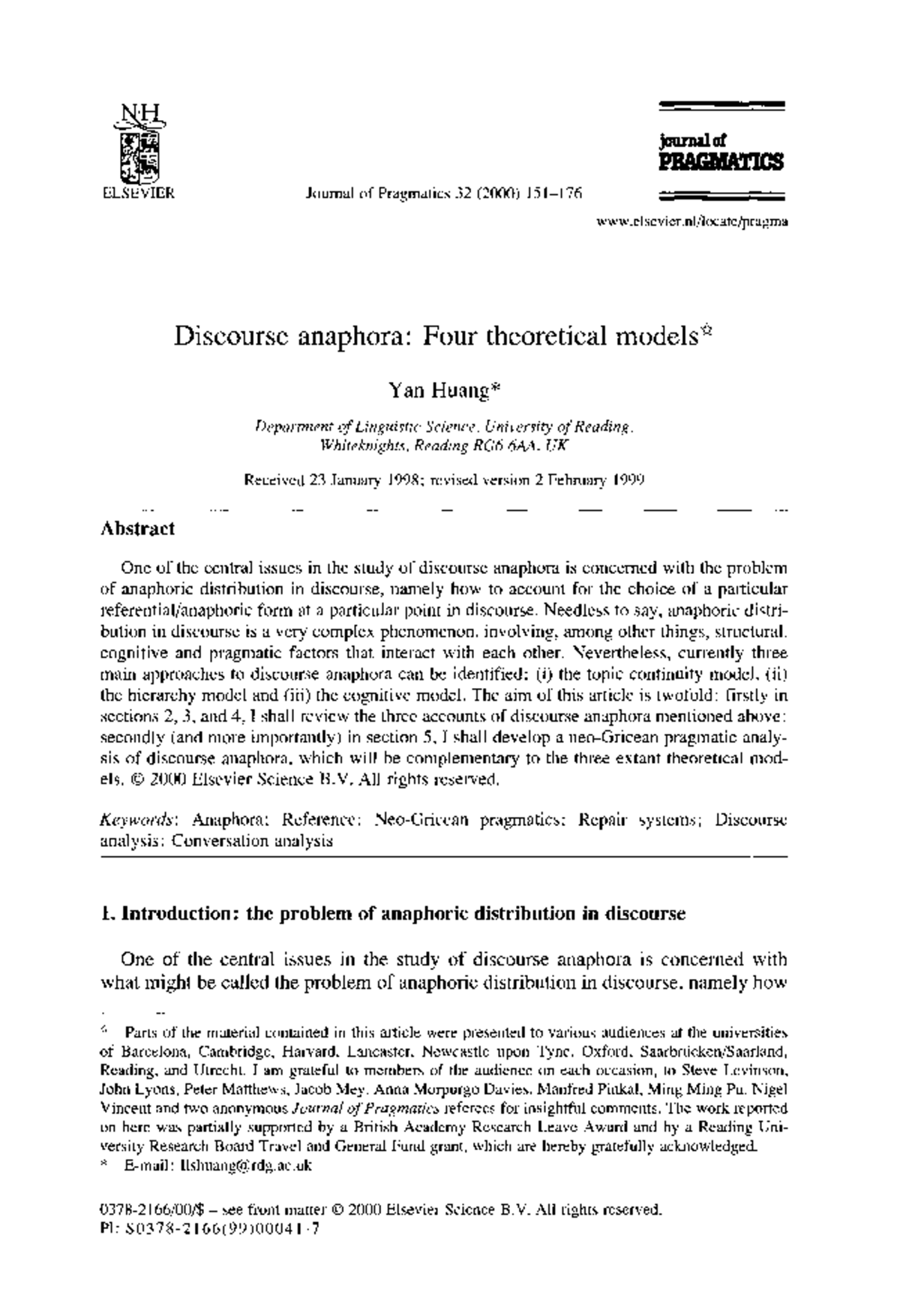Discourse anaphora - vhc b b - ELSEVIER Journal of Pragmatics 32 (2000 ...