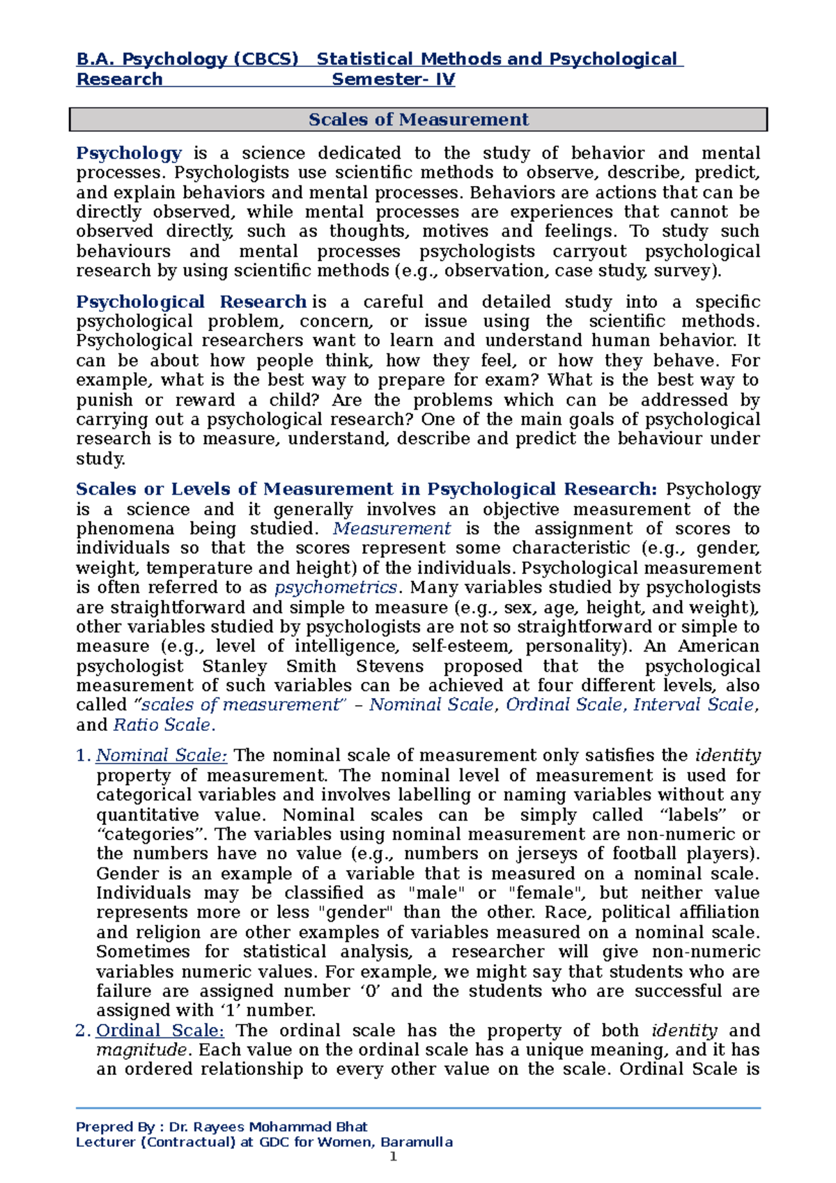 Scales of Measurement - B. Psychology (CBCS) Statistical Methods and ...