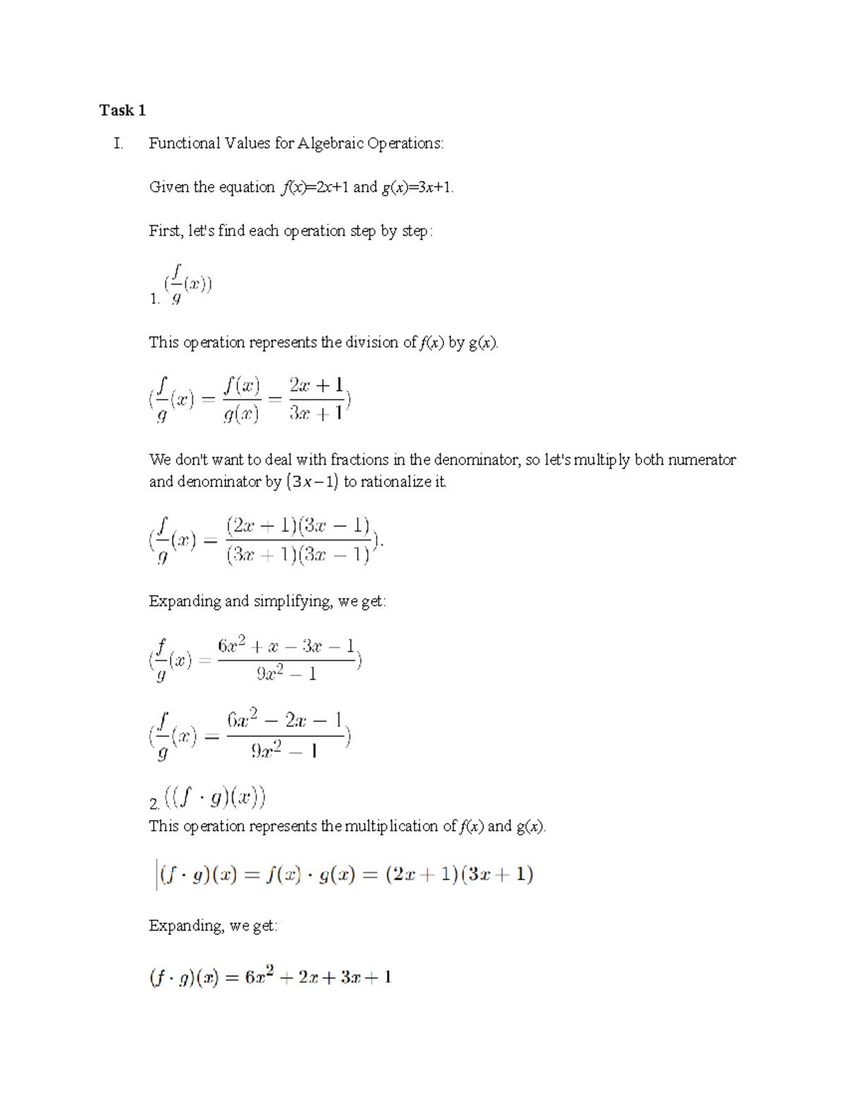 College Algebra Unit 2 - Task 1 I. Functional Values for Algebraic Operations: Given the ...
