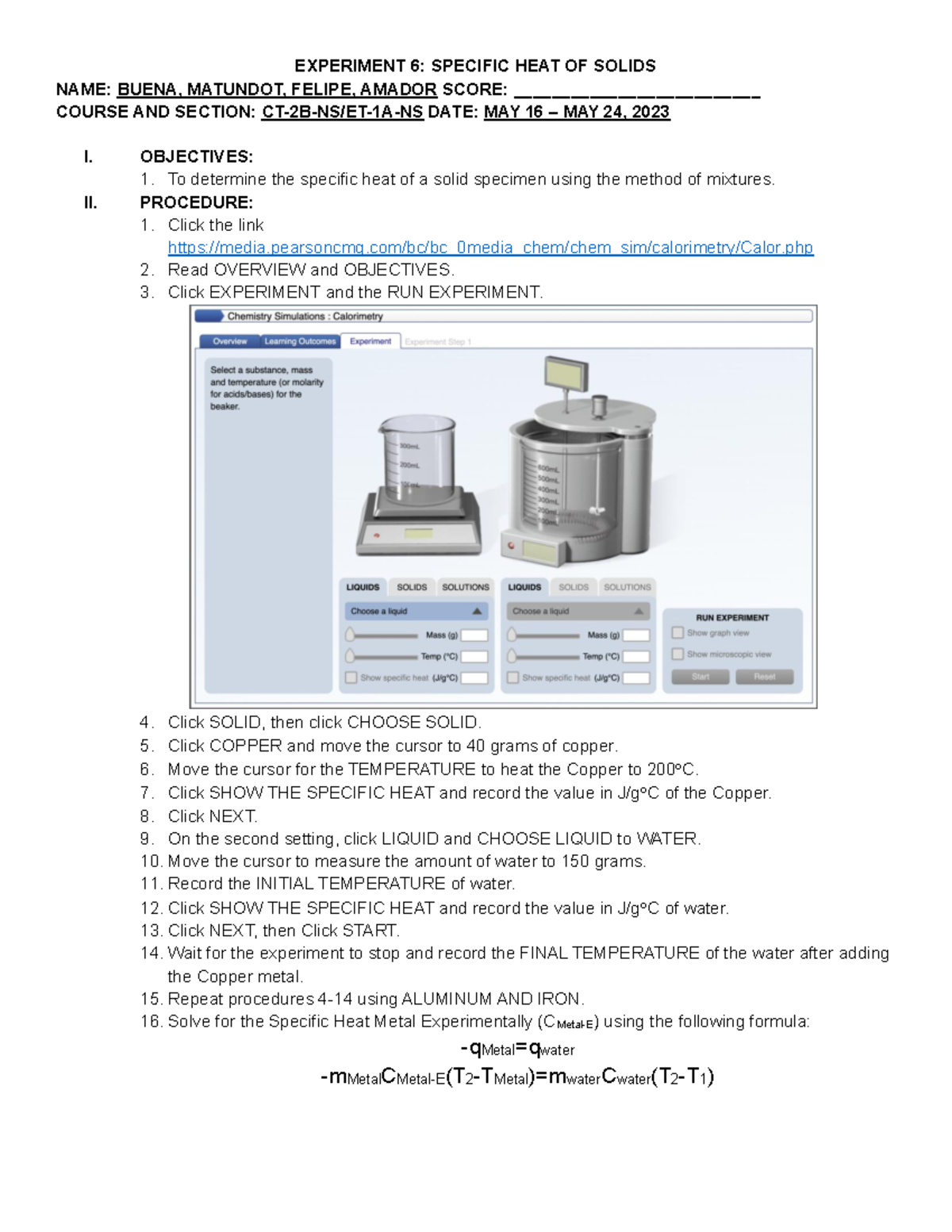 Experiment 6- Specific HEAT OF Solids - EXPERIMENT 6: SPECIFIC HEAT OF ...