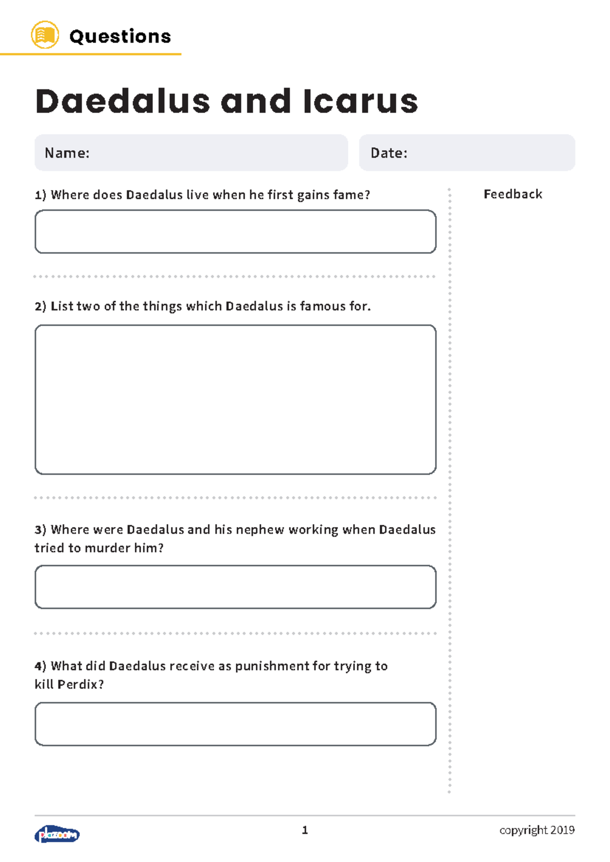 Daedalus and Icarus - questions - Name: Date: Feedback Daedalus and ...
