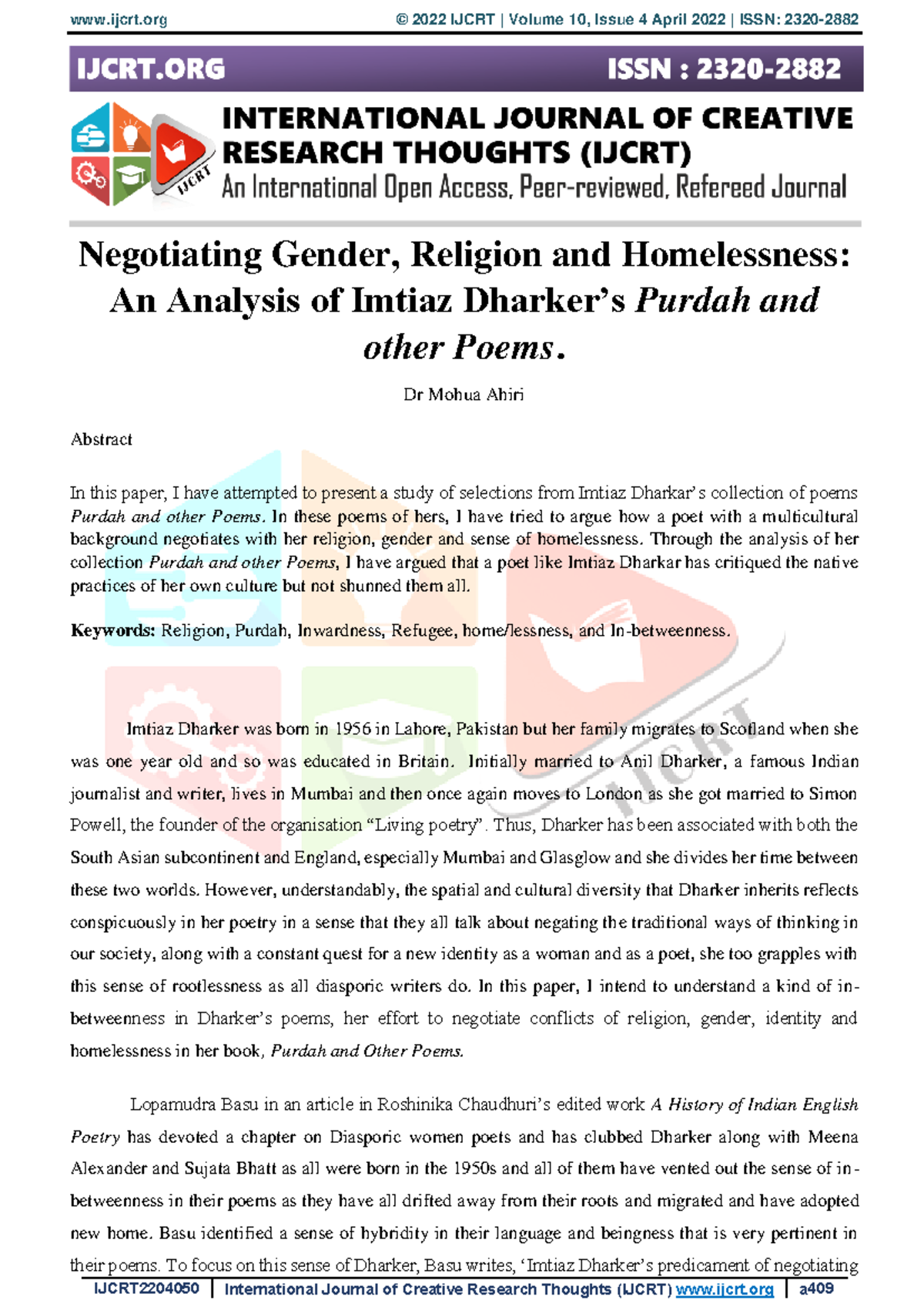 Ijcrt 2204050 - Santra - Negotiating Gender, Religion and Homelessness ...