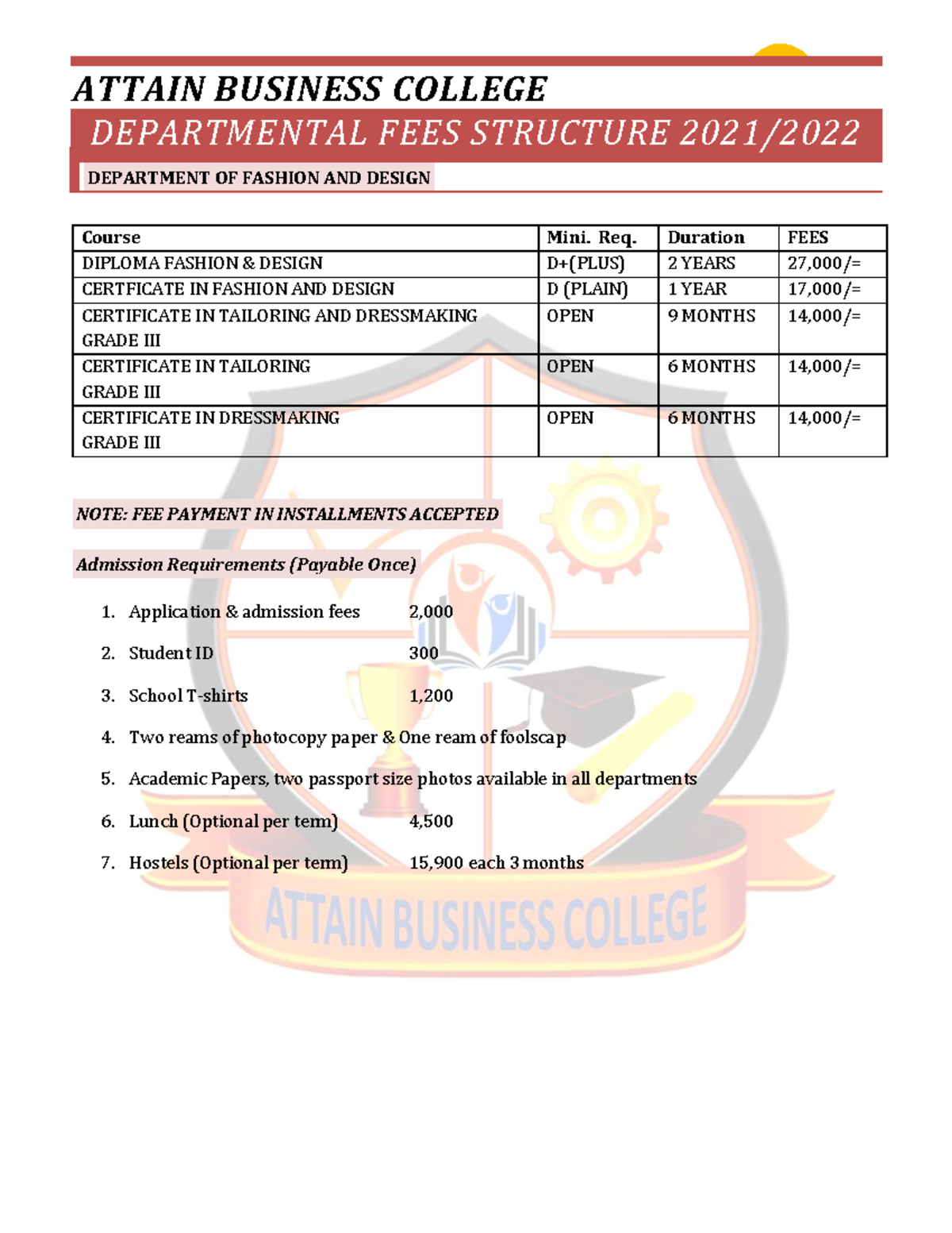 ABC Departmental FEES Structure - ATTAIN BUSINESS COLLEGE DEPARTMENTAL ...