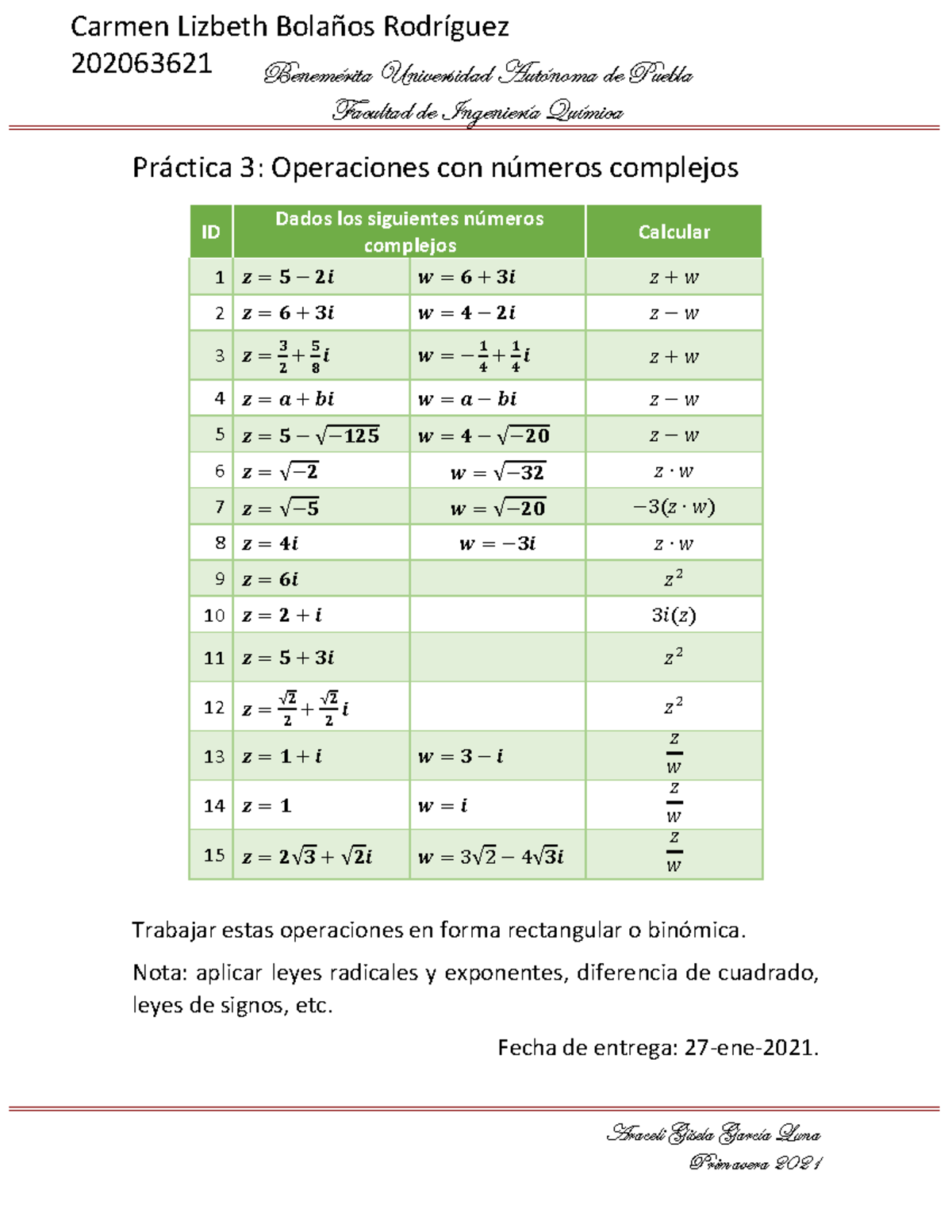 Práctica 3 - Operaciones con números complejos - BenemÈrita Universidad ...