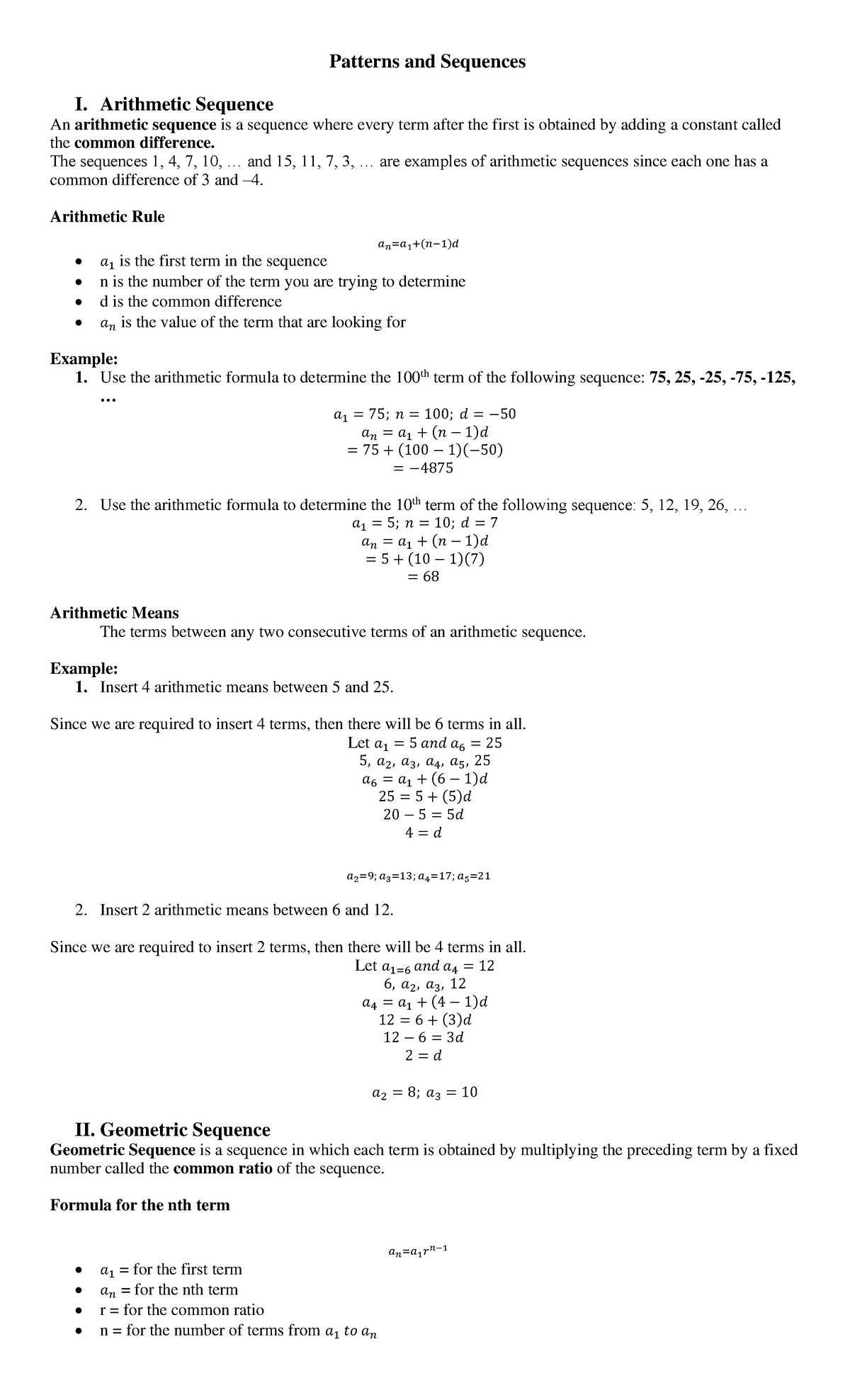 Arithmetic sequence - Patterns and Sequences I. Arithmetic Sequence An arithmetic sequence is a ...