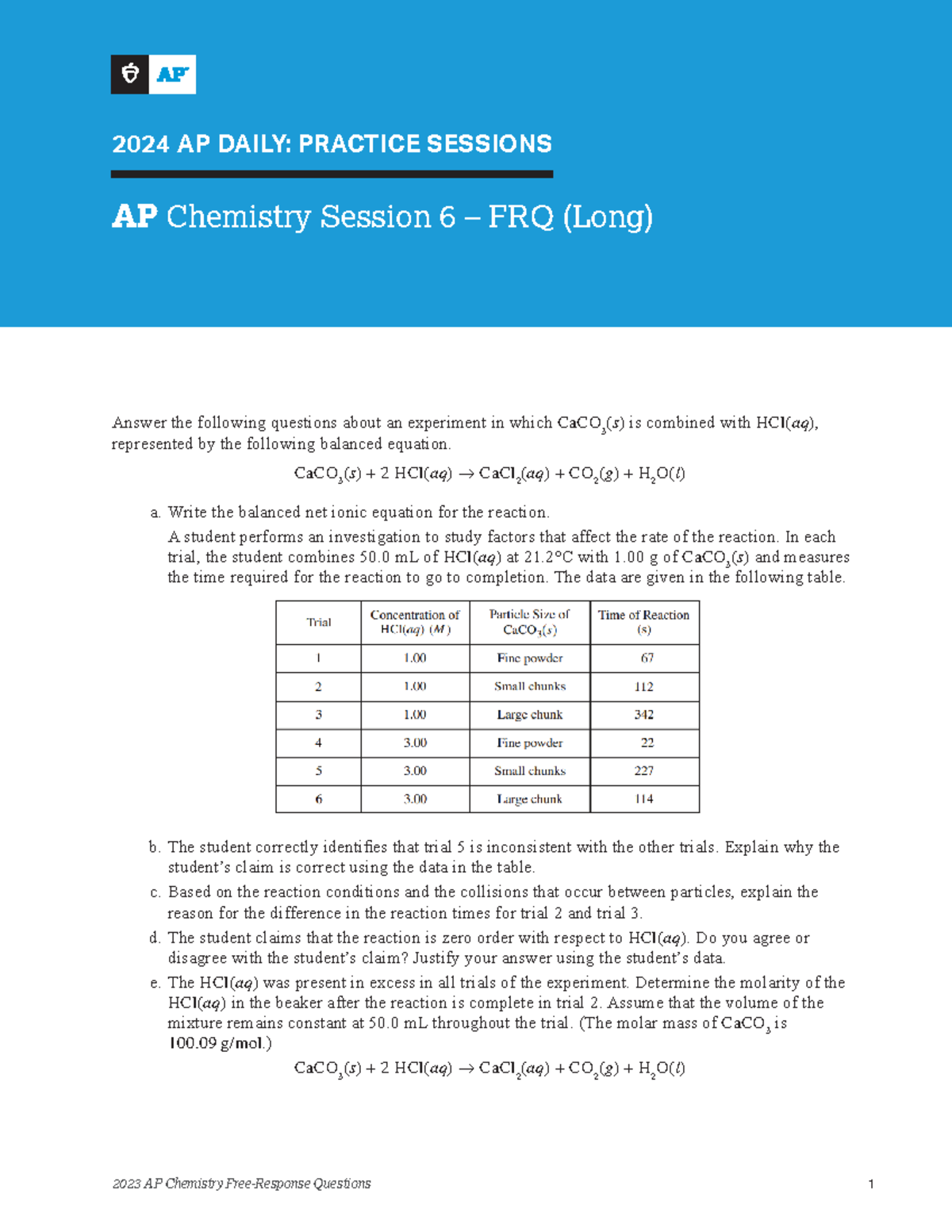 AP Chemistry Session 6 Worksheet - 2023 AP Chemistry Free-Response ...