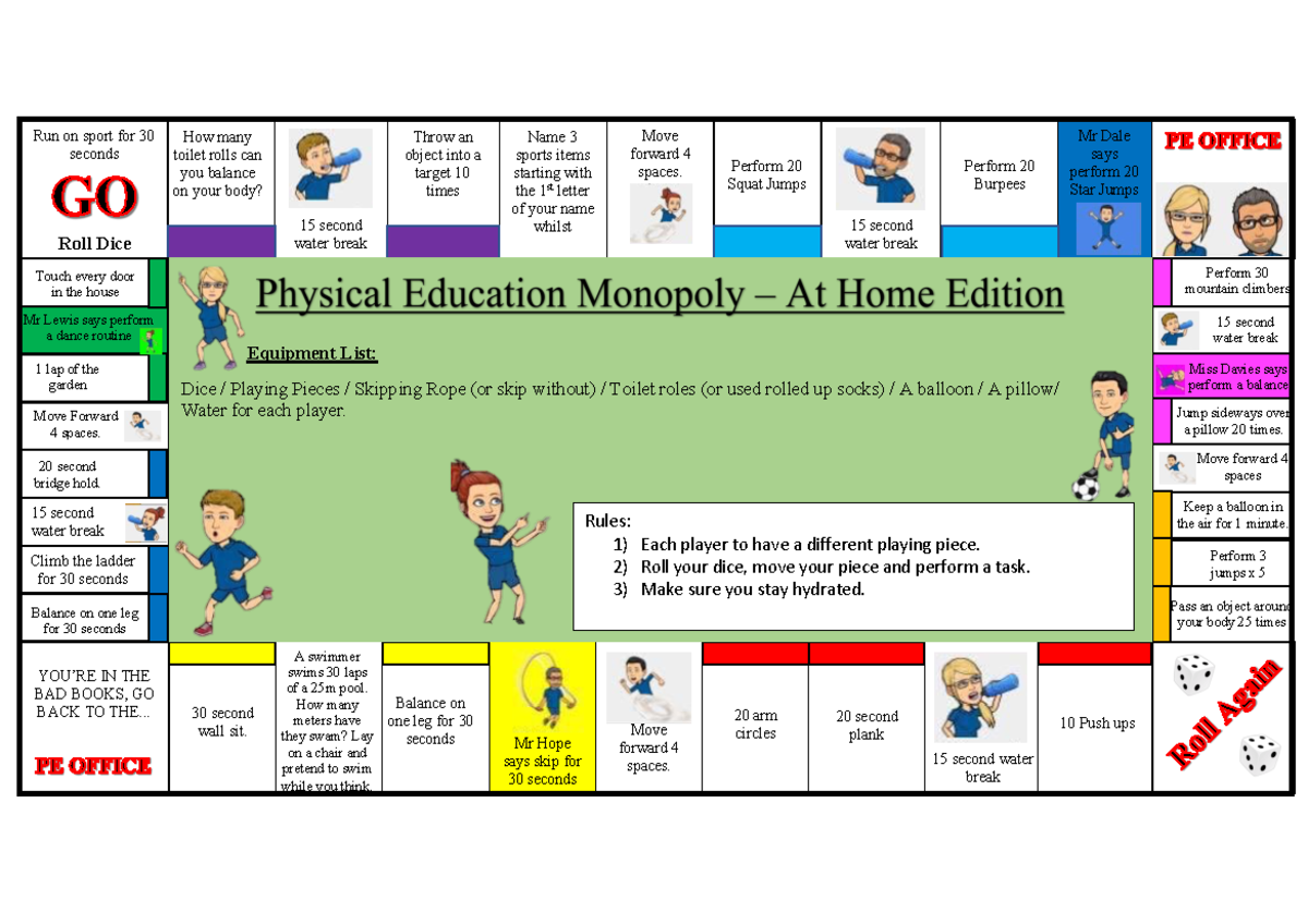 Physical Education Monopoly - Run on sport for 30 seconds Roll Dice How ...
