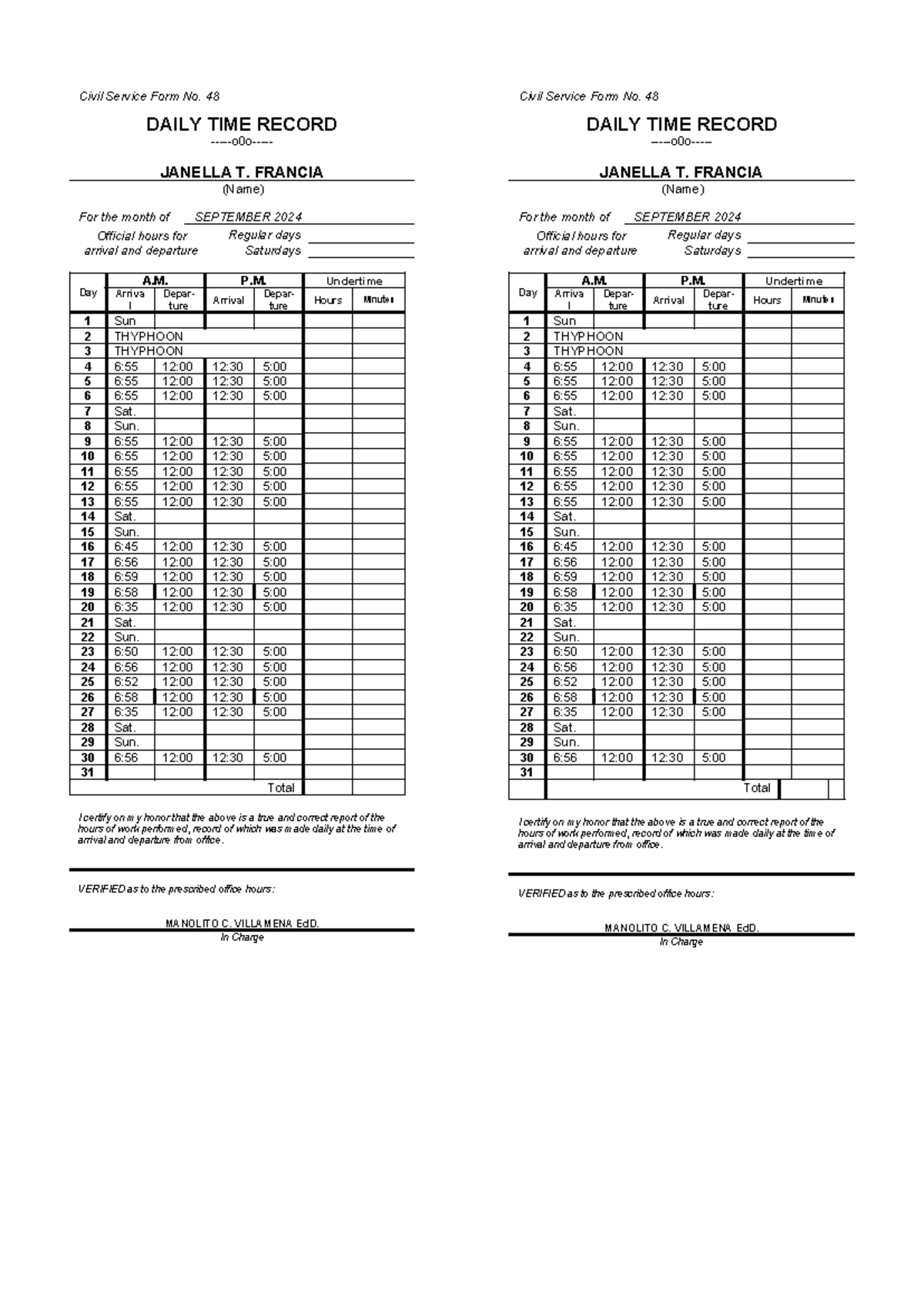 Appendix 24 - Daily Time Record (DTR) - Civil Service Form No. 48 DAILY TIME RECORD -o0o ...