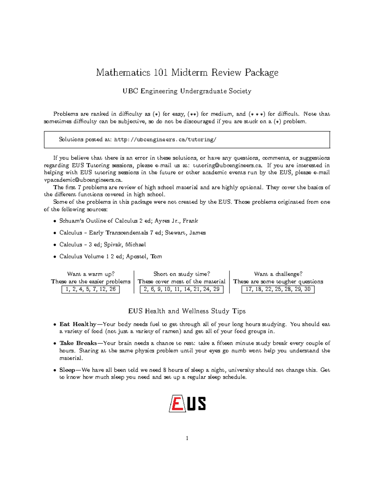 Mathematics 101 MT 1 Review Package - Mathematics 101 Midterm Review ...