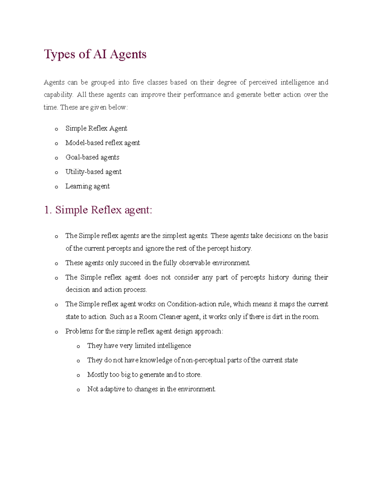 Types of agent - Types of AI Agents Agents can be grouped into five ...