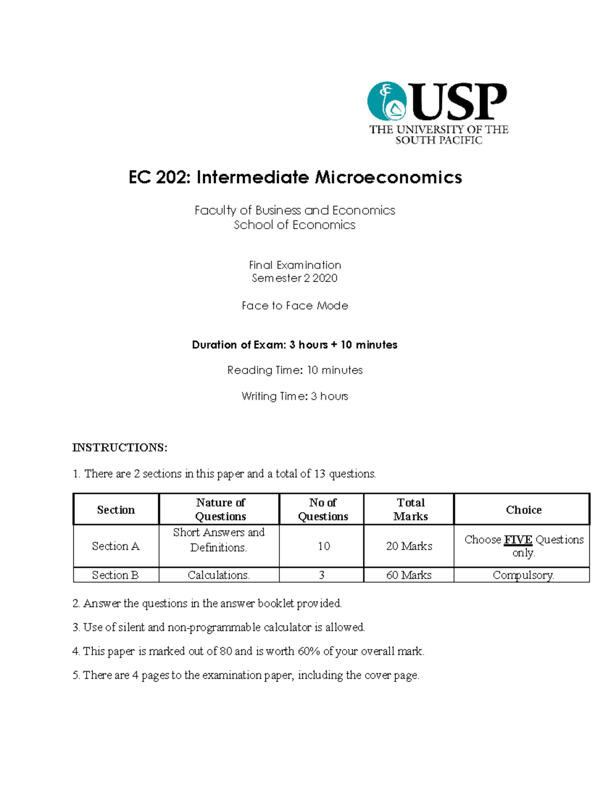 EC202 Exam - EC 202: Intermediate Microeconomics Faculty of Business ...