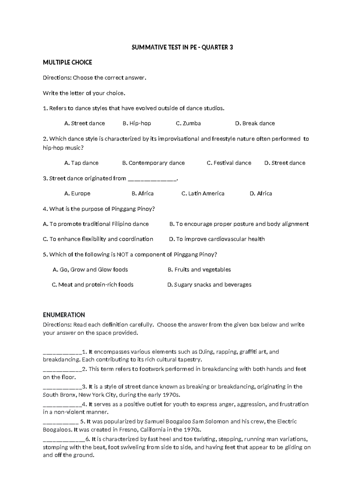 Summative TEST IN PE - Grade 10 - SUMMATIVE TEST IN PE - QUARTER 3 ...