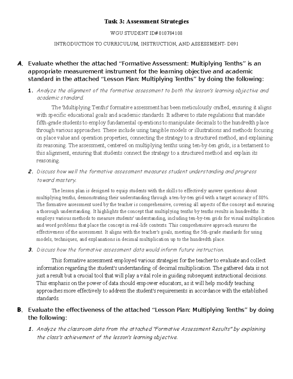 Task 3 - Pass - Task 3: Assessment Strategies WGU STUDENT ID# 010784108 ...