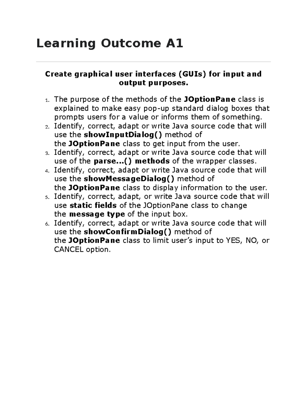 Learning Outcome A1 Learning Outcome A Create Graphical User Interfaces Guis For Input And