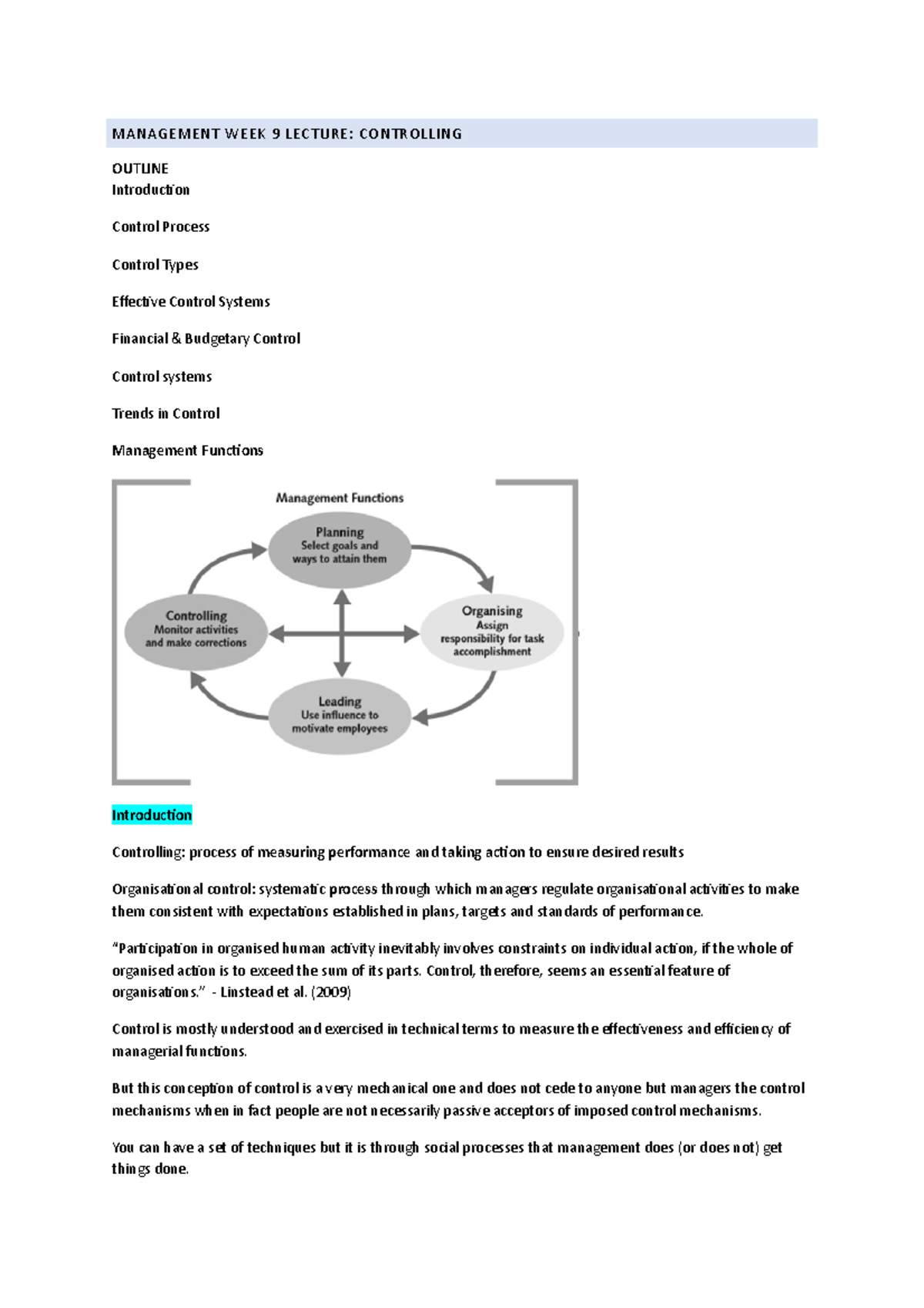 Week 9 Management Lecture - MANAGEMENT WEEK 9 LECTURE: CONTROLLING ...