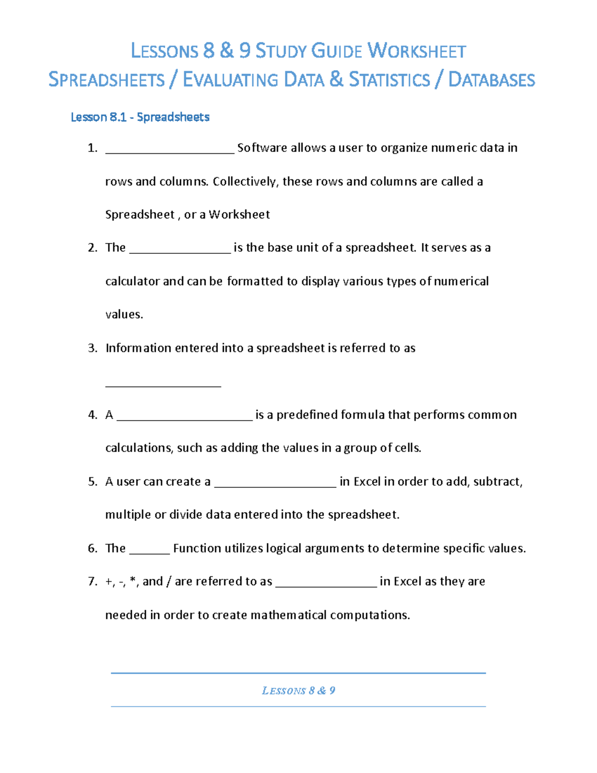 Lessons 8 and 9 - Student Study Guide Worksheet-2 - SPREADSHEETS ...
