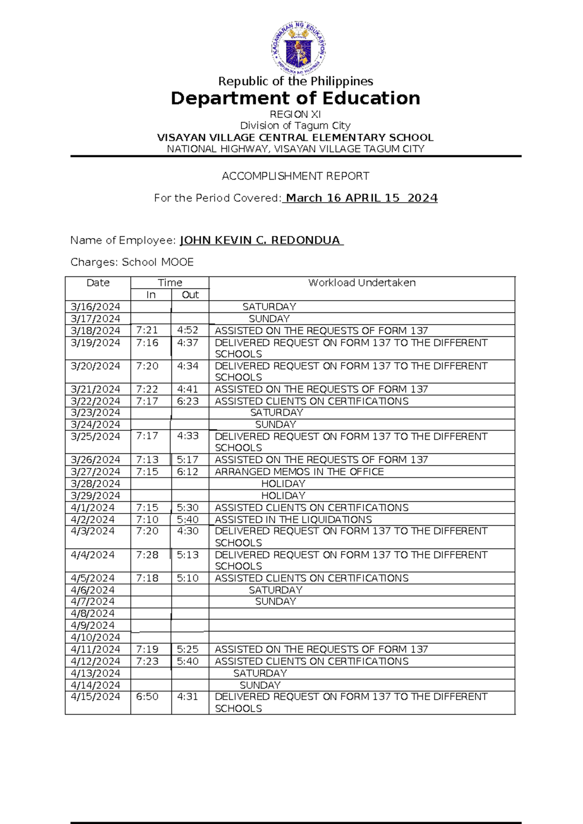 Accomplishment report-mooe - Department of Education ####### REGION XI ...