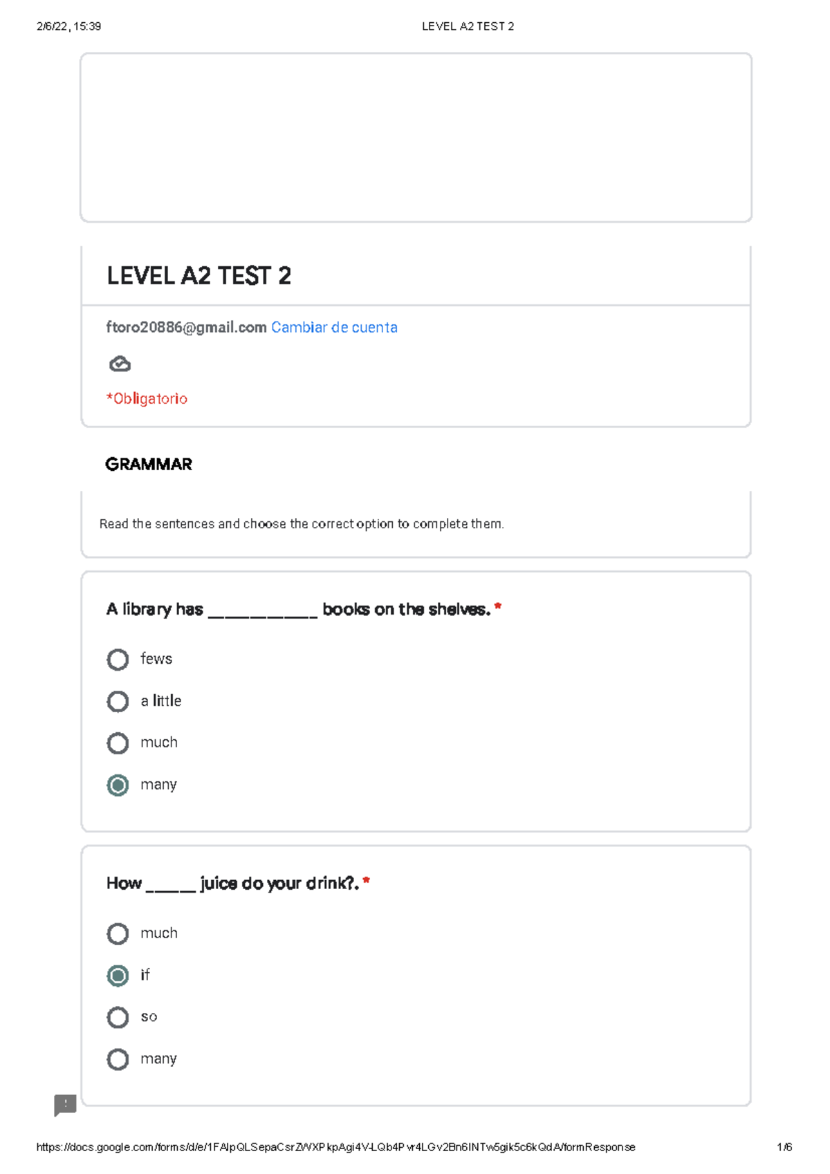 Level A2 TEST 2-2 - libro - GRAMMAR Read the sentences and choose the ...