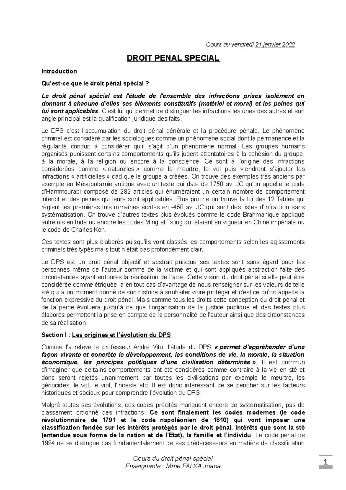 Cours du droit pénal spécial - Cours du vendredi 21 janvier 2022 DROIT ...