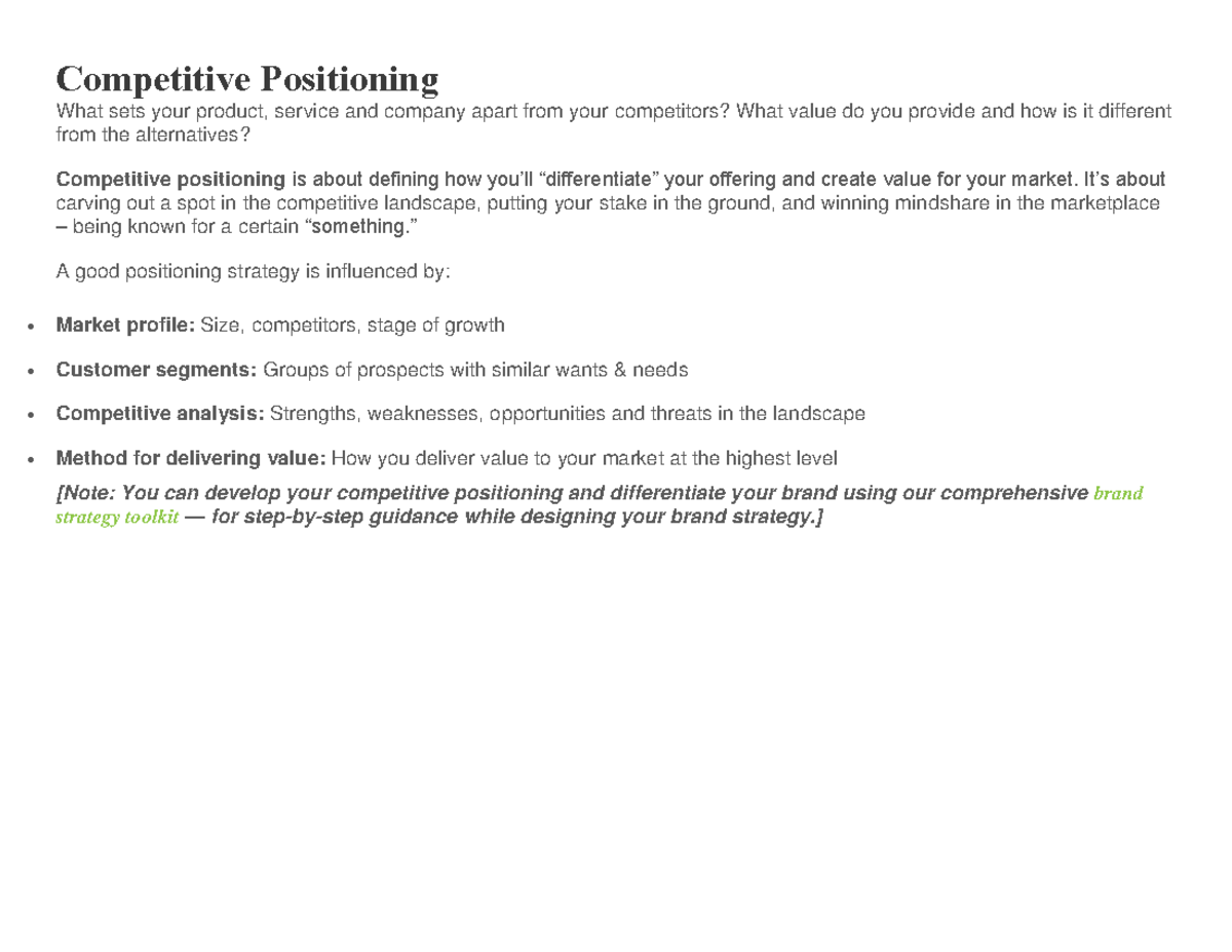 Competitive Positioning in Strategic Business Analysis - Competitive ...