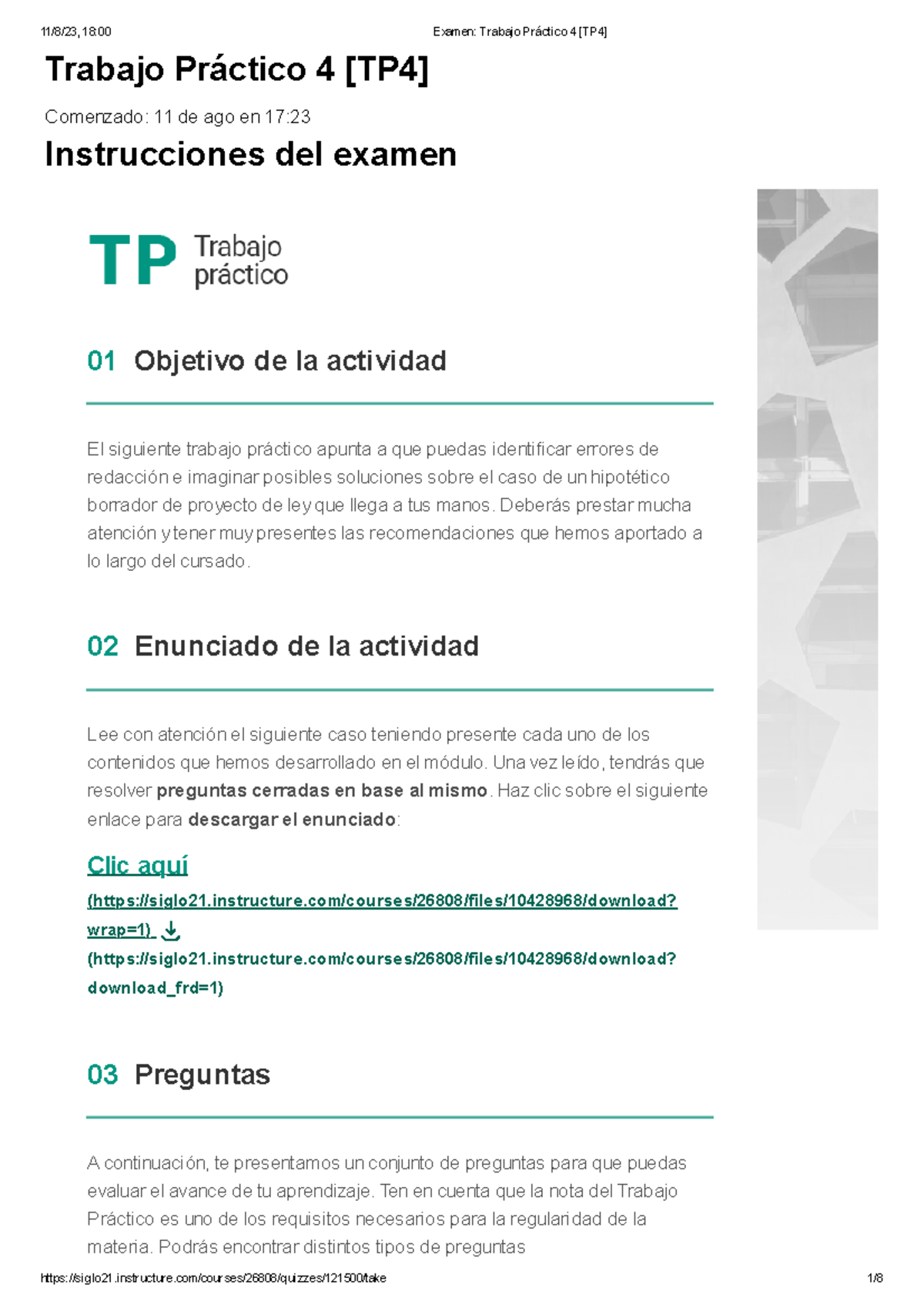 Examen Trabajo Práctico 4 [TP4] otro 55 % - Trabajo Práctico 4 [TP4] Comenzado: 11 de ago en 17 ...