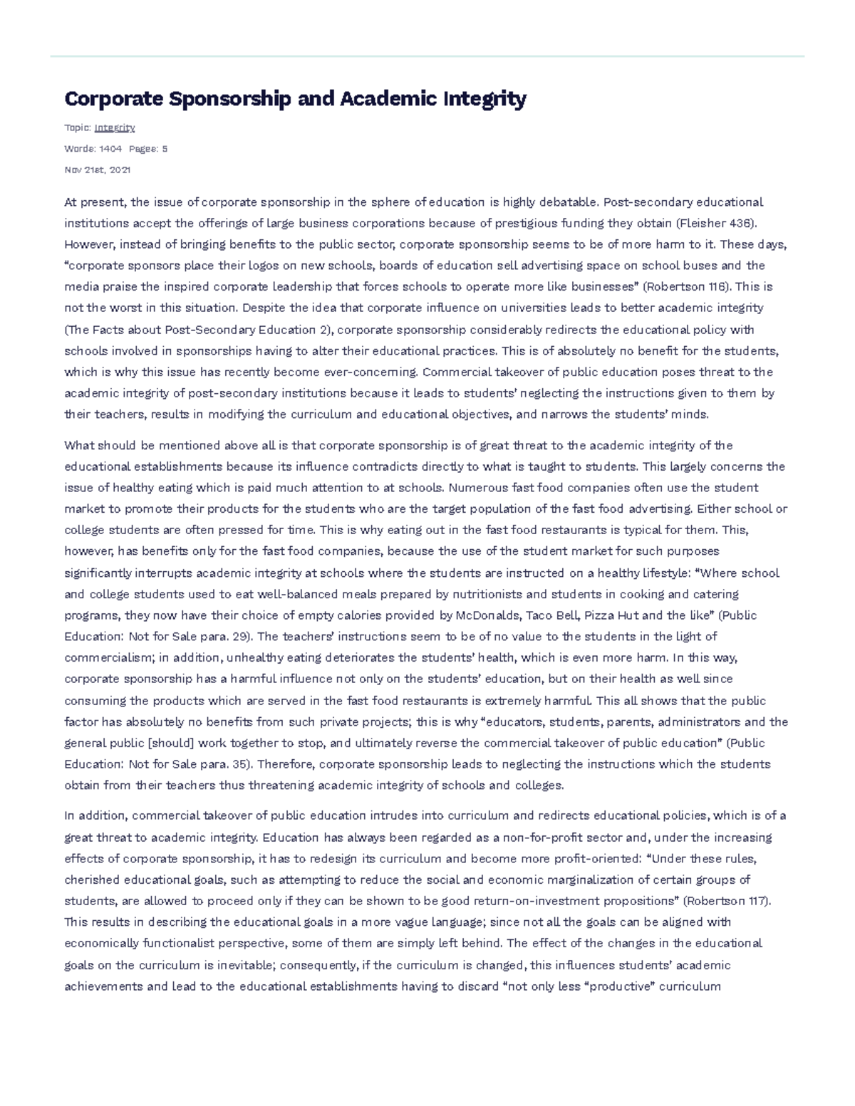 Corporate Sponsorship and Academic Integrity Free Essay Example ...