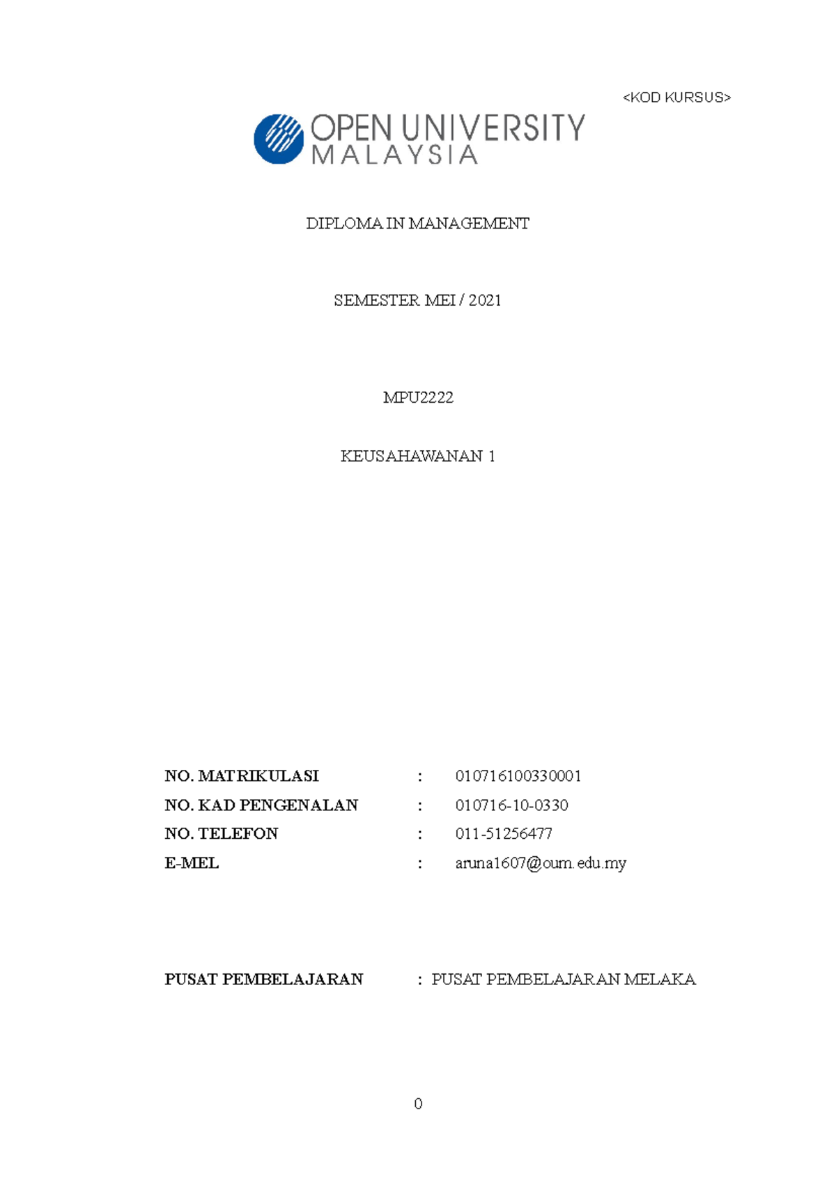 Enter - sample assignment 2021 - DIPLOMA IN MANAGEMENT SEMESTER MEI ...