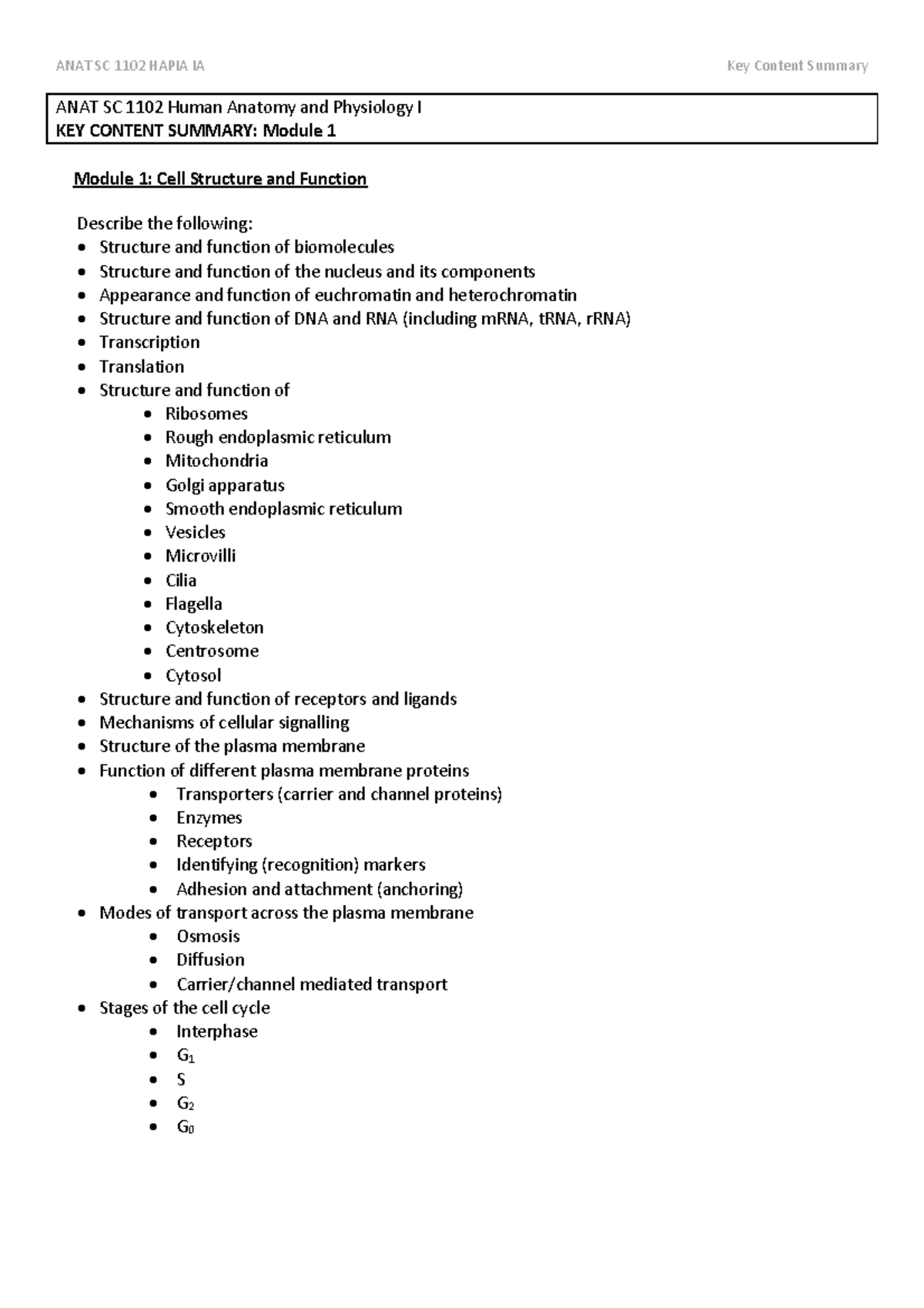 Hapia - Module 1 - Key Content Summary - ANAT SC 1102 HAPIA IA Key ...