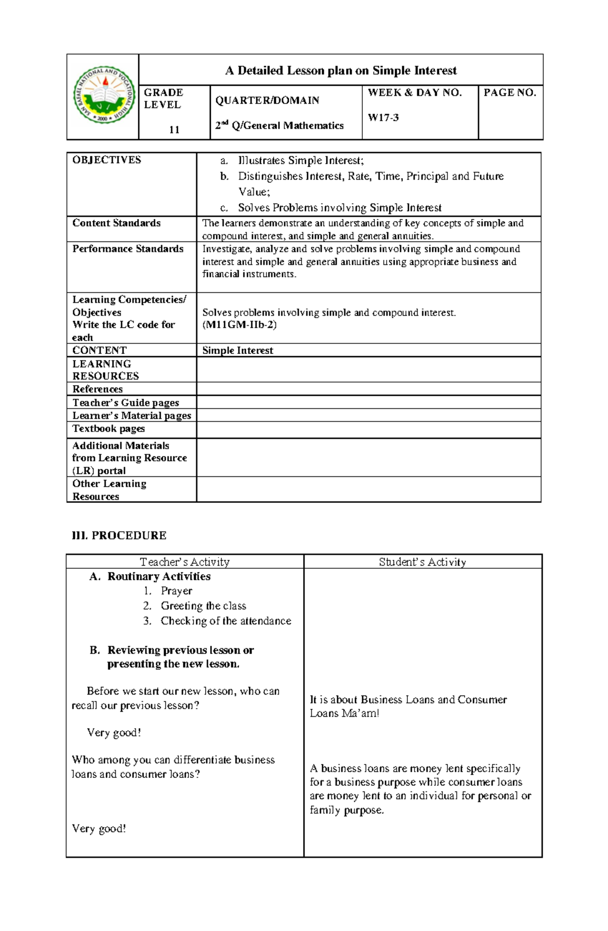 Culalabe, Jenny Mae Q SHS-MATH (DLP) - A Detailed Lesson plan on Simple ...