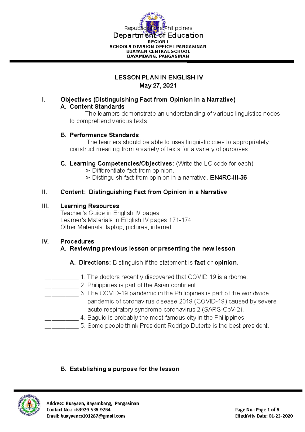 COT Lesson Plan for English 4NEW - Department of Education REGION I ...