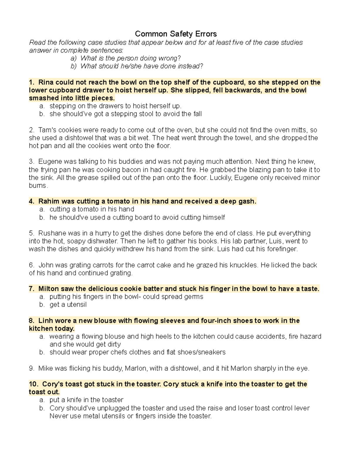 Common Safety Errors Worksheet - Common Safety Errors Read the ...