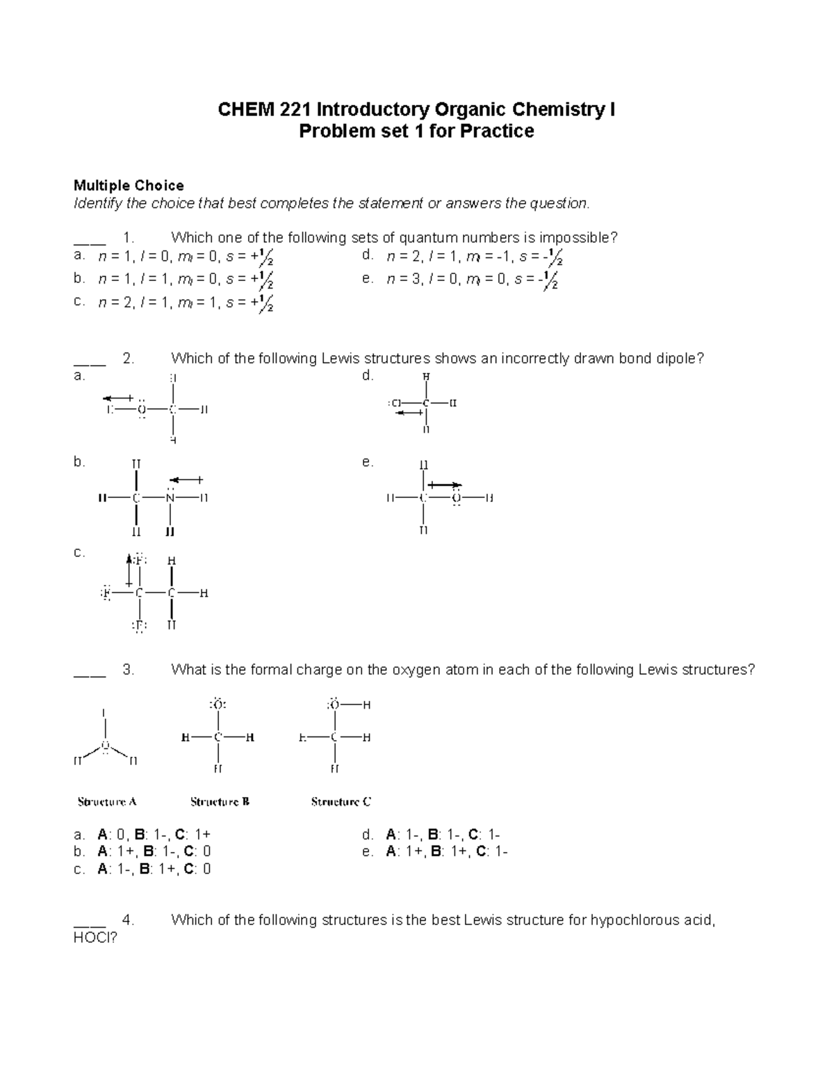 Problem set-1 with answers - CHEM 221 Introductory Organic Chemistry I ...