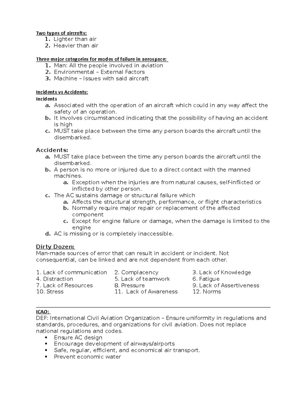 Final review notes - Aviation rules and regulations - Two types of ...