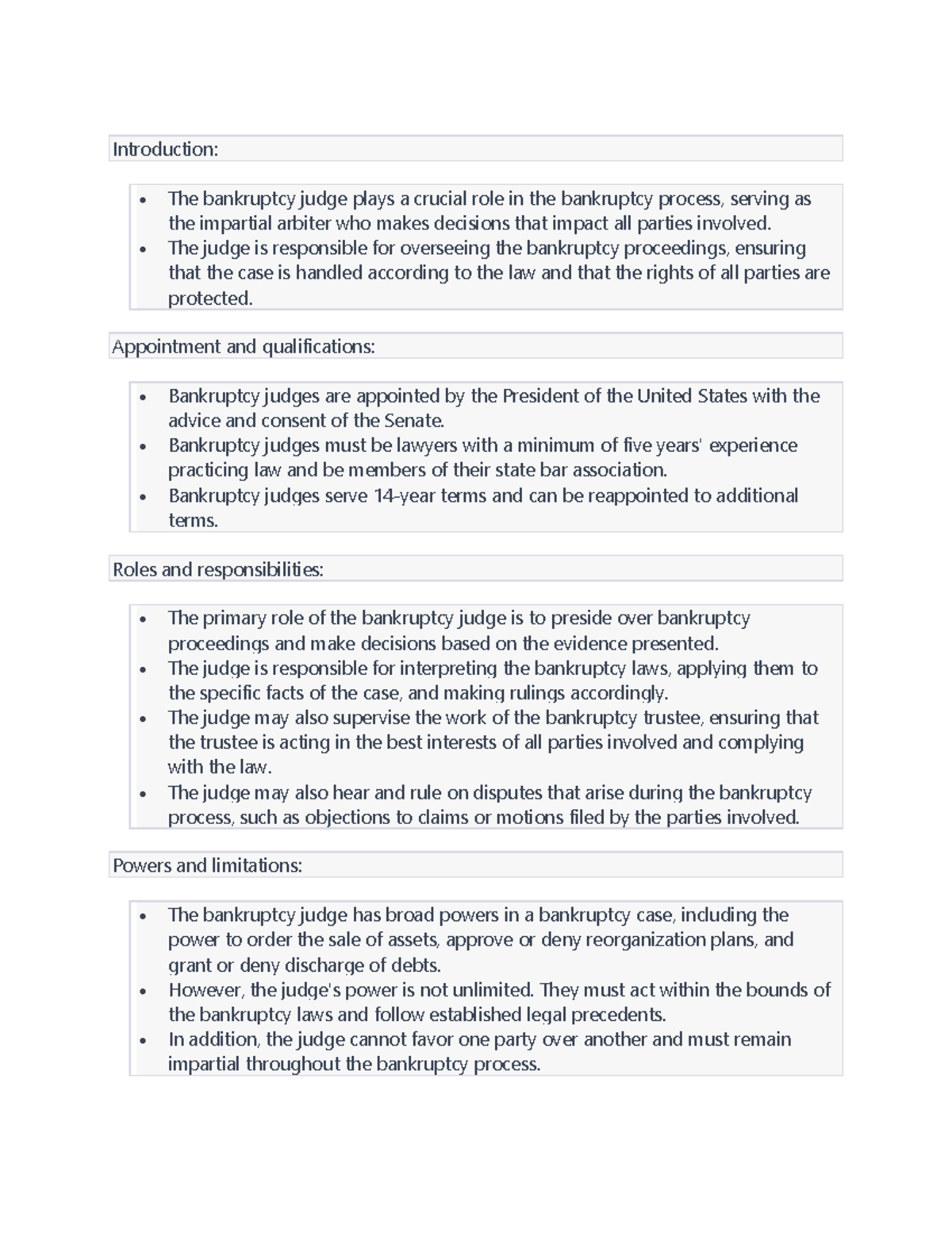 Bankruptcy Judge - Notes - Introduction: • The bankruptcy judge plays a ...