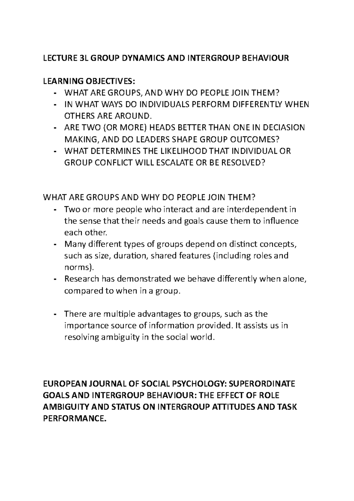 Lecture 3L Group Dynamics AND Intergroup Behaviour - LECTURE 3L GROUP ...
