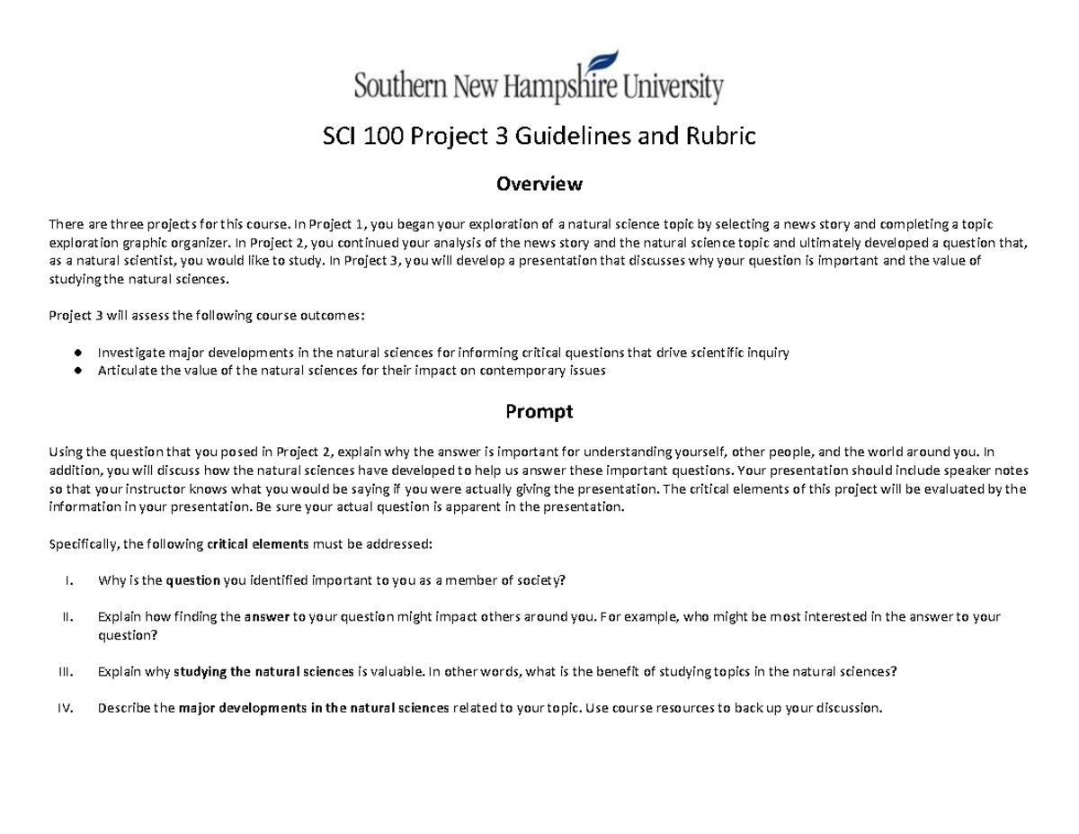 SCI 100 Project 3 Guidelines and Rubric - ELET 4101K - Savannah State ...